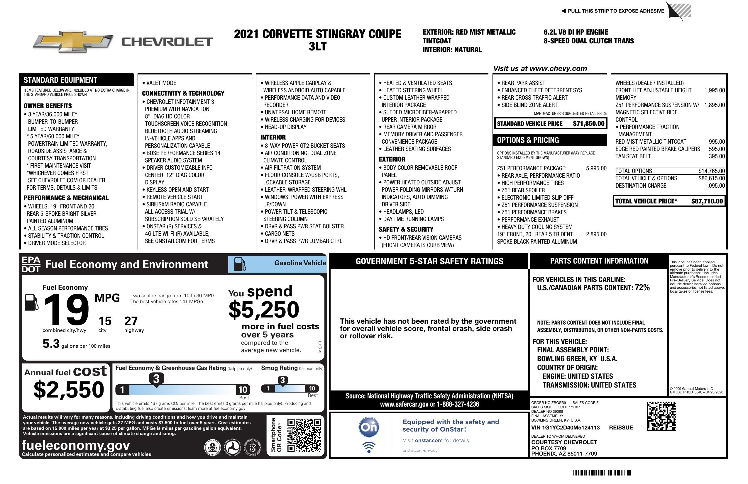 Window Sticker for 2021 Chevrolet Corvette 2dr Stingray Cpe W/3 Lt