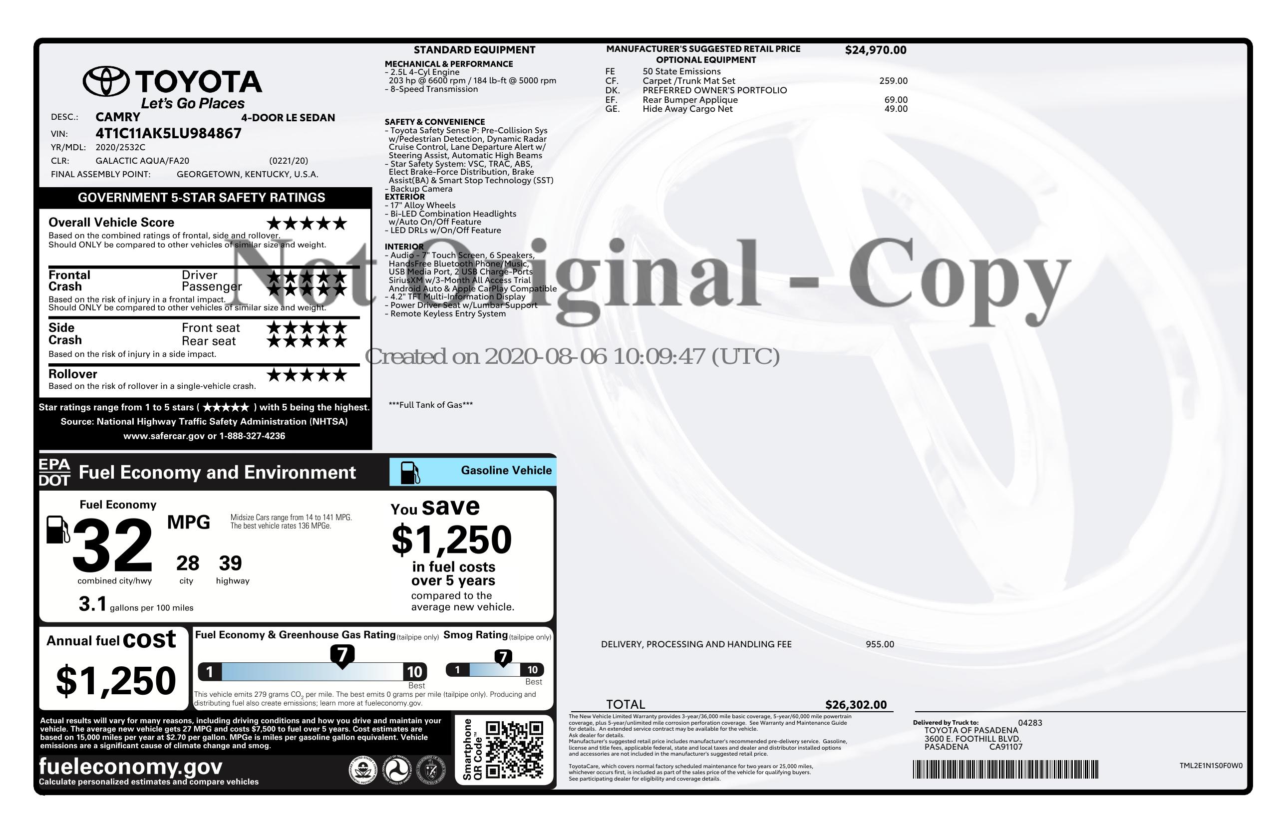 Window Sticker for 2020 Toyota Camry Le Auto (Natl)