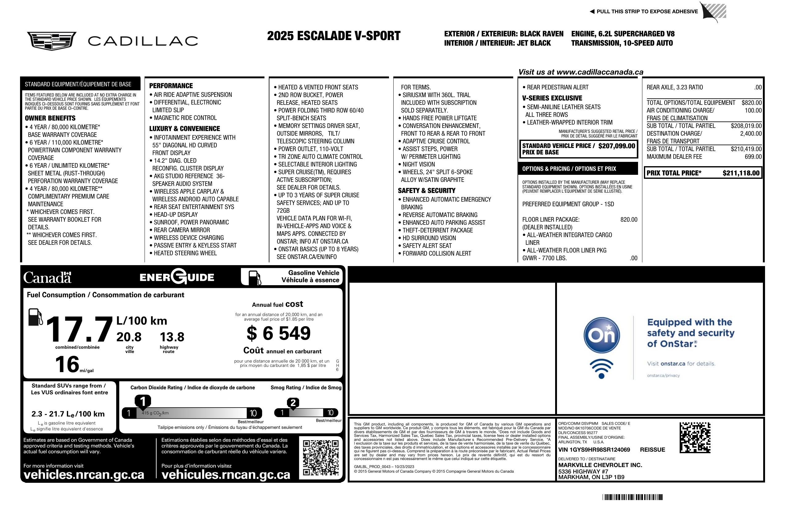 Window Sticker for 2025 Cadillac Escalade Awd 4dr V Series