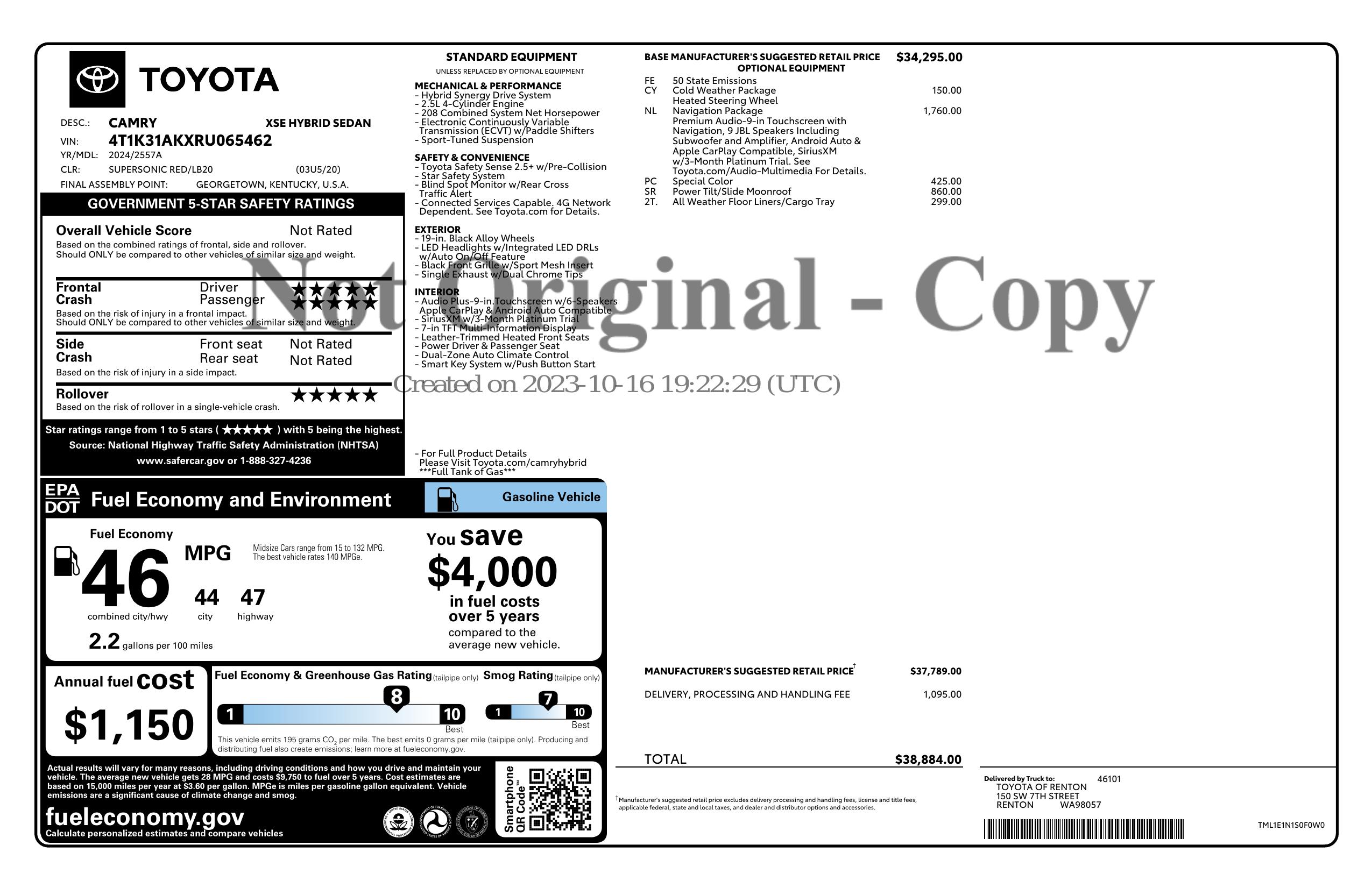 Window Sticker for 2024 Toyota Camry Hybrid Xse Cvt (Natl)