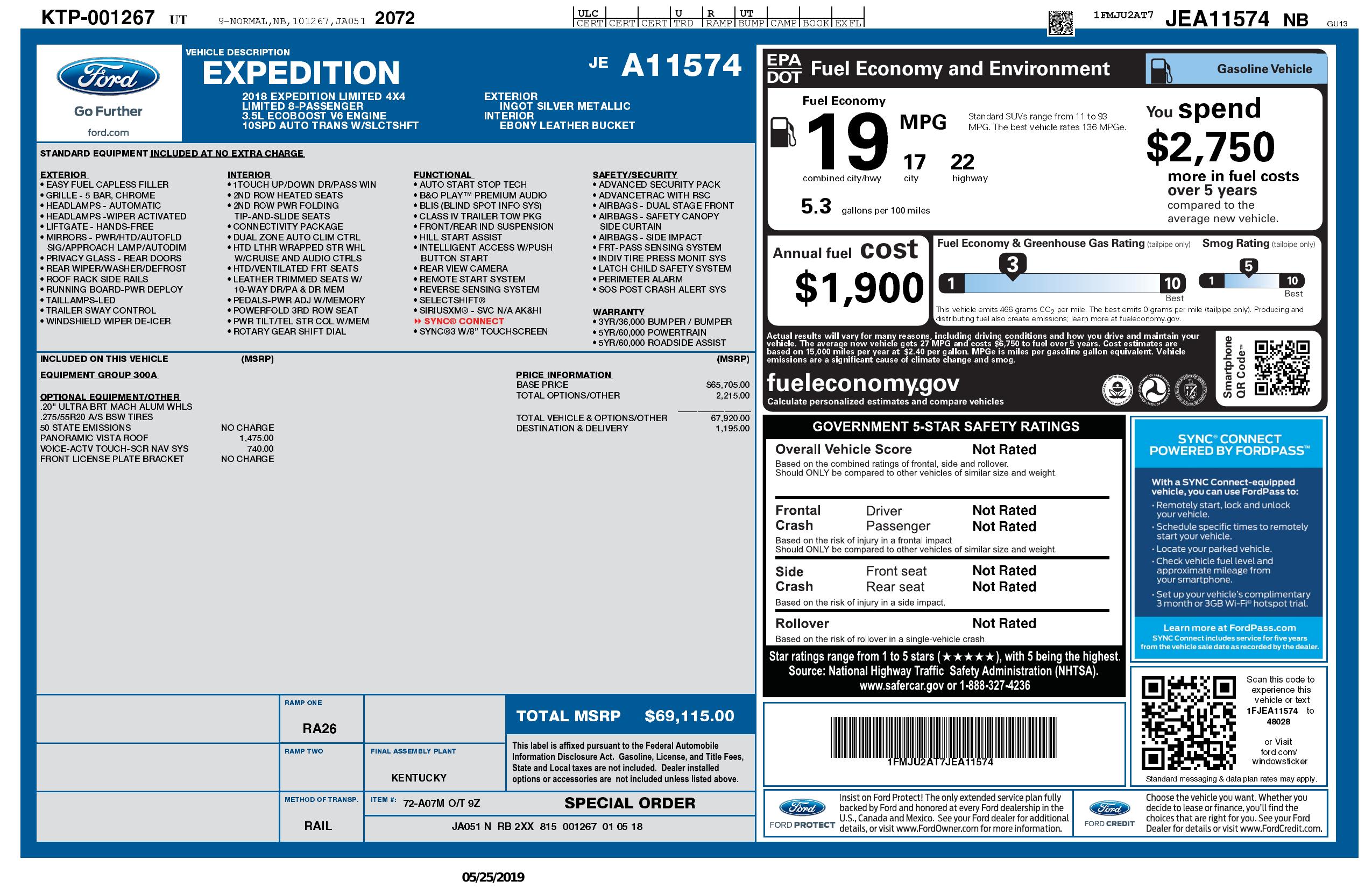 Window Sticker for 2018 Ford Expedition Limited 4x4