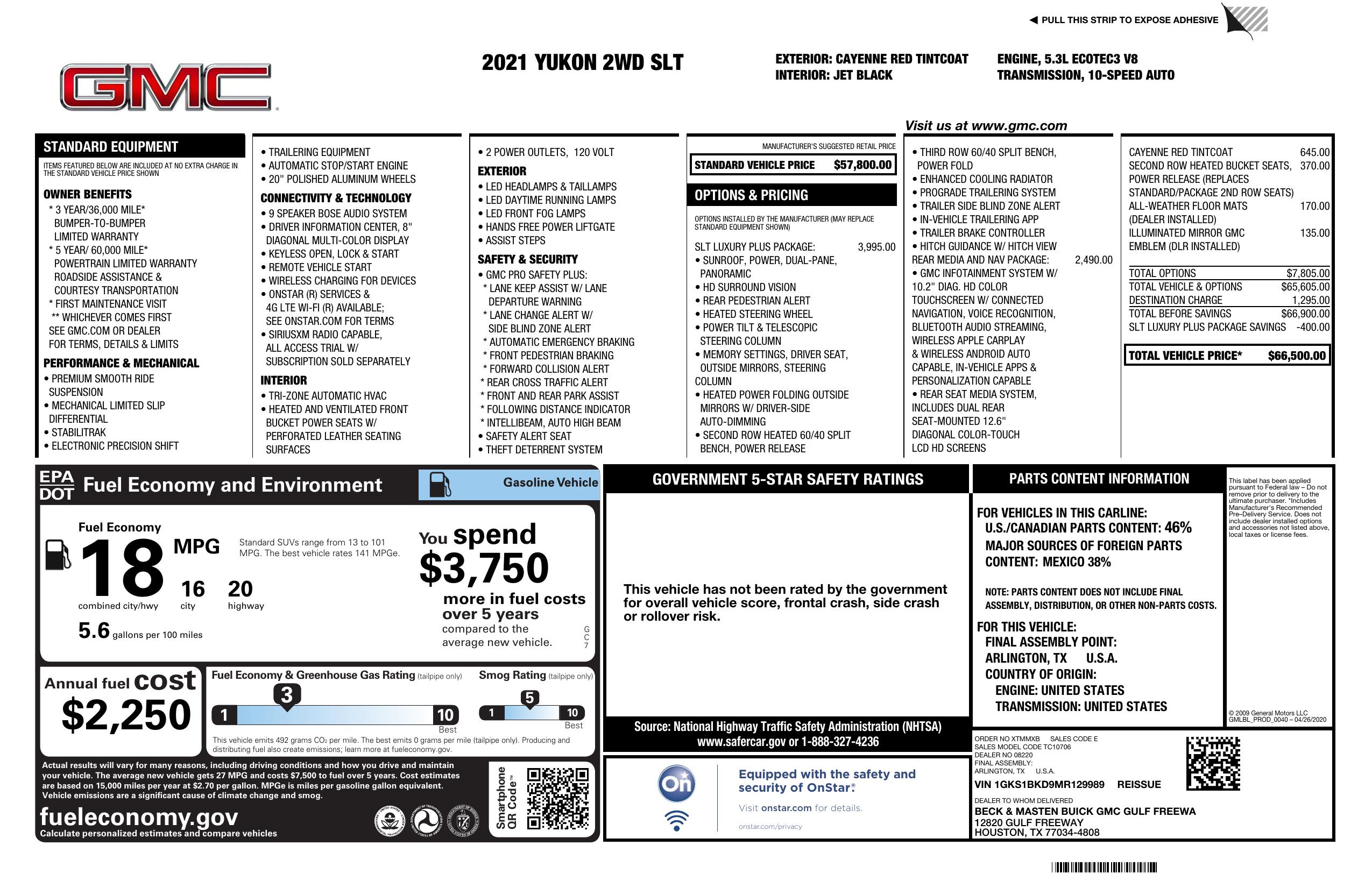 Window Sticker for 2021 GMC Yukon 2 Wd 4dr Slt