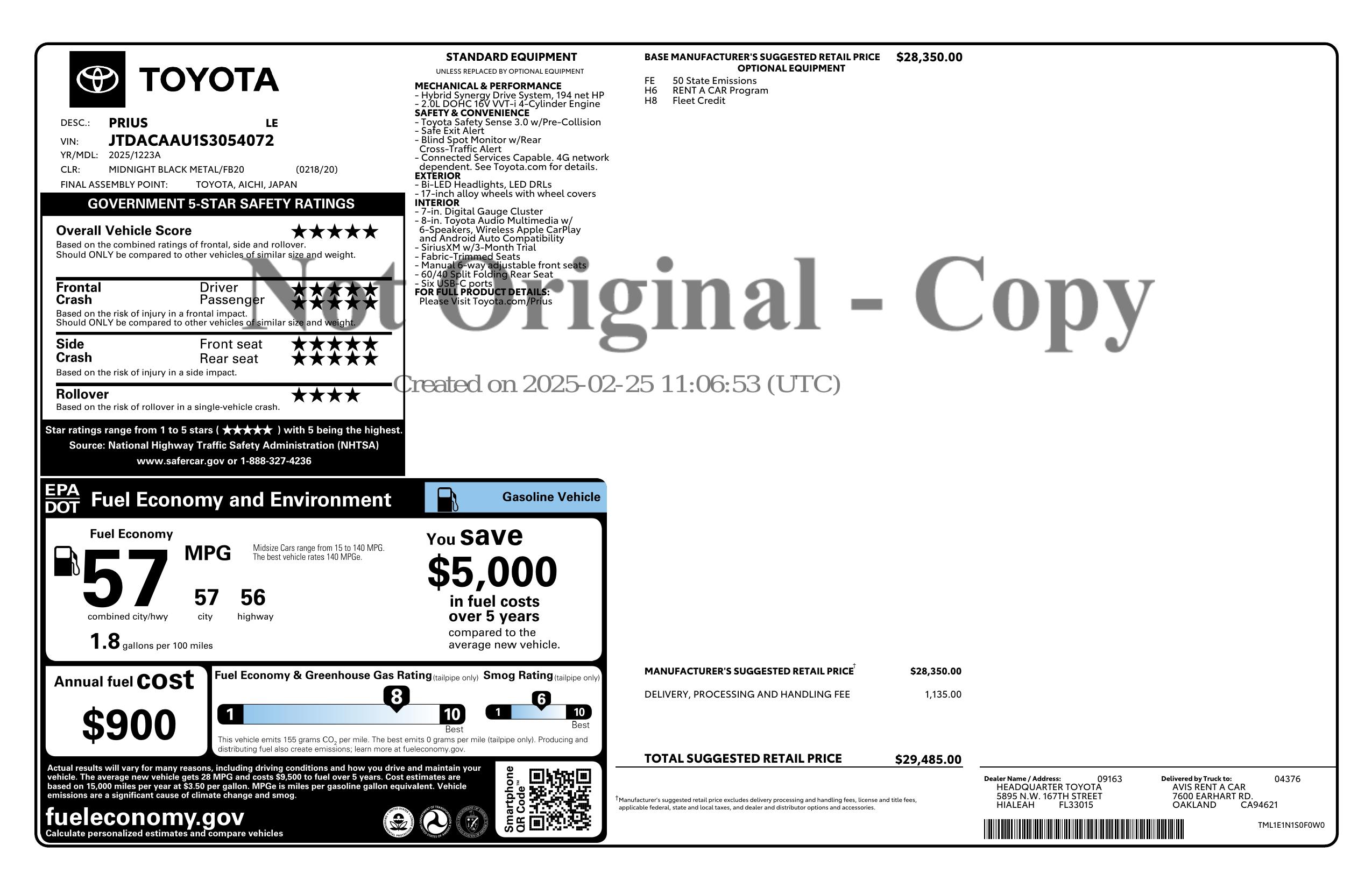 Window Sticker for 2025 Toyota Prius (Natl)