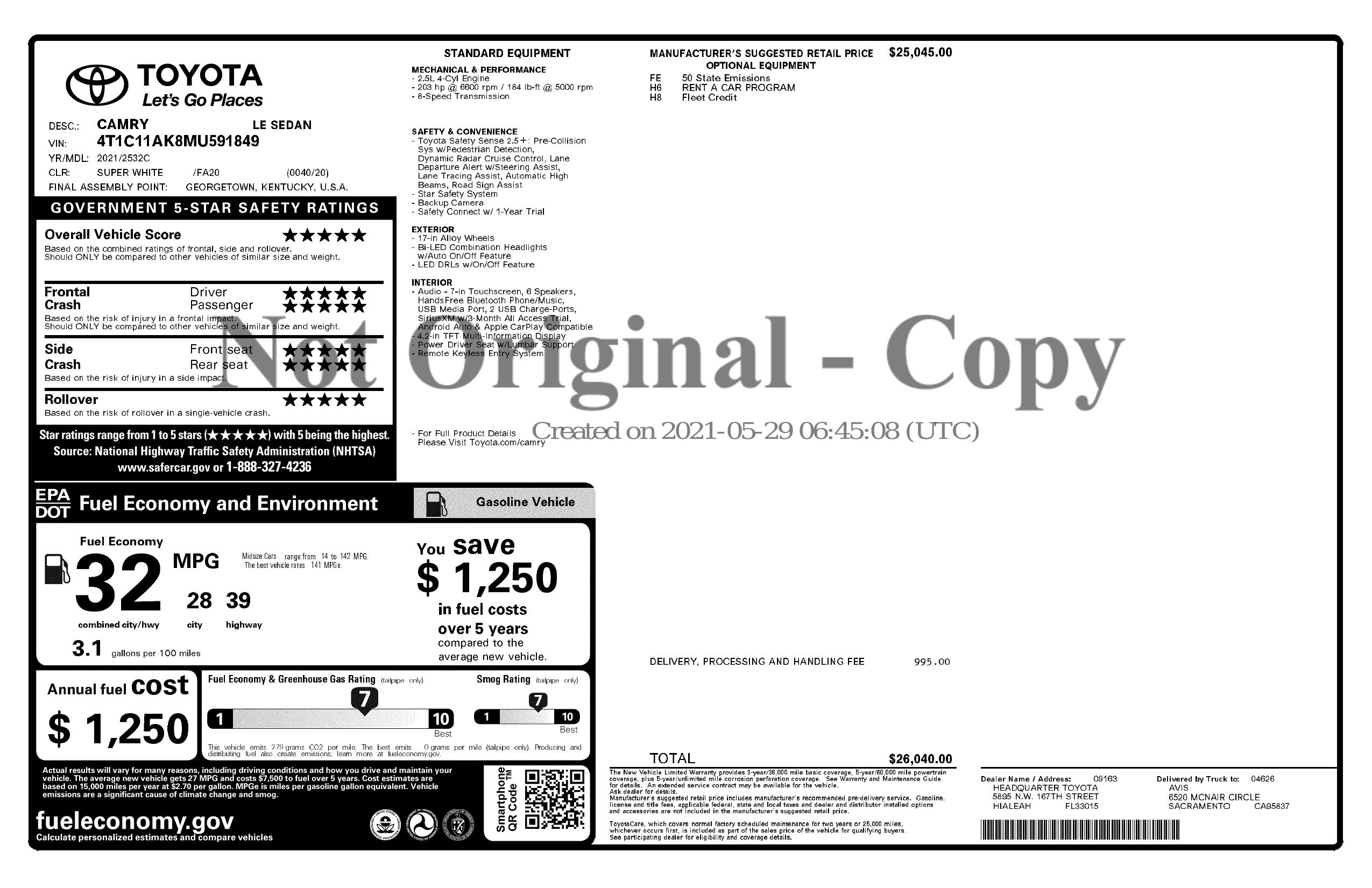 Window Sticker for 2021 Toyota Camry Le Auto (Natl)