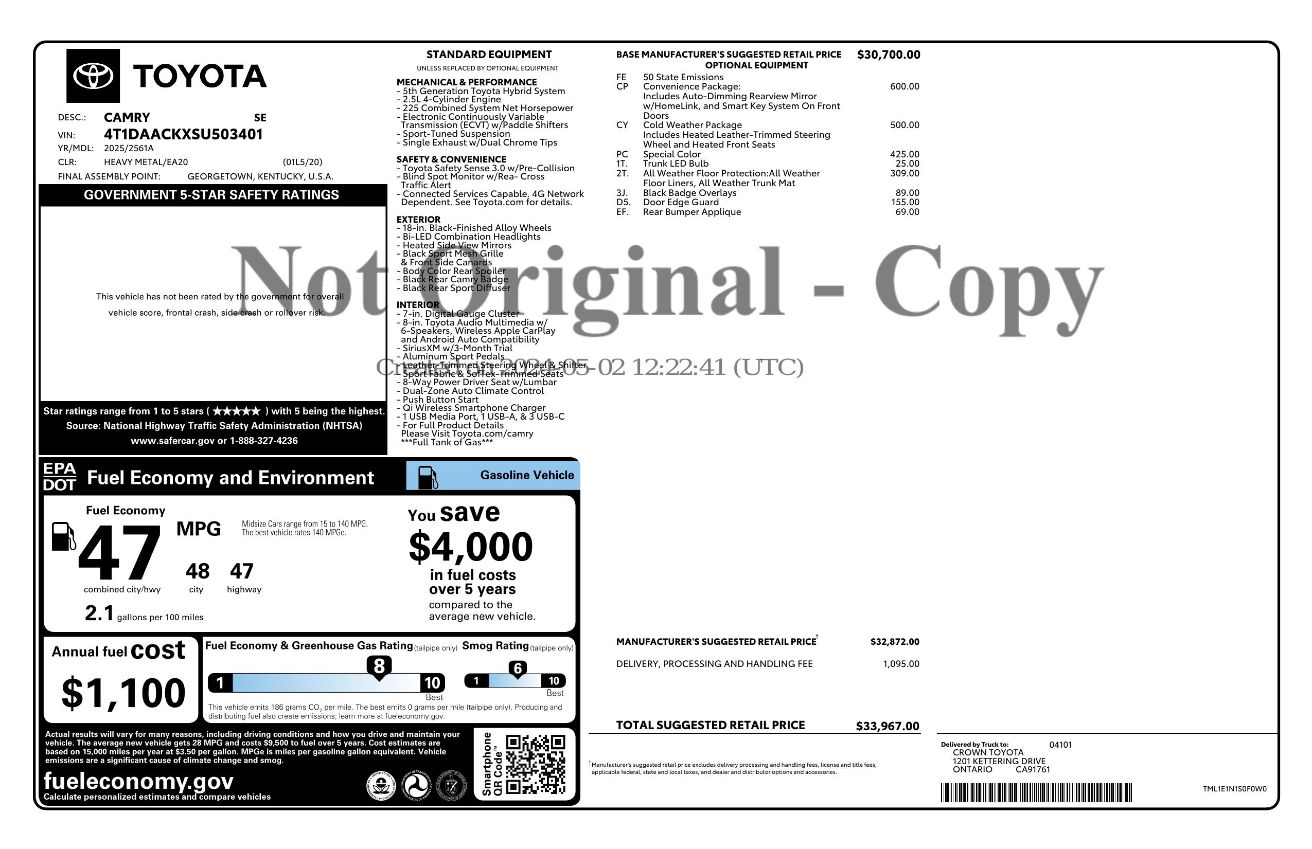 Window Sticker for 2025 Toyota Camry (Natl)