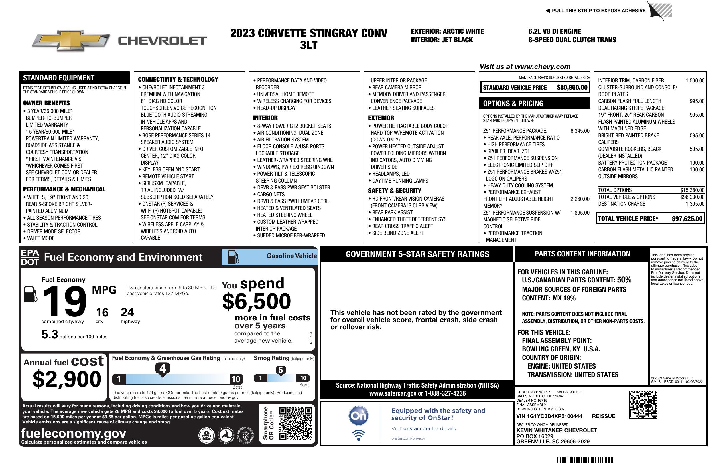 Window Sticker for 2023 Chevrolet Corvette 2dr Stingray Conv W/3 Lt