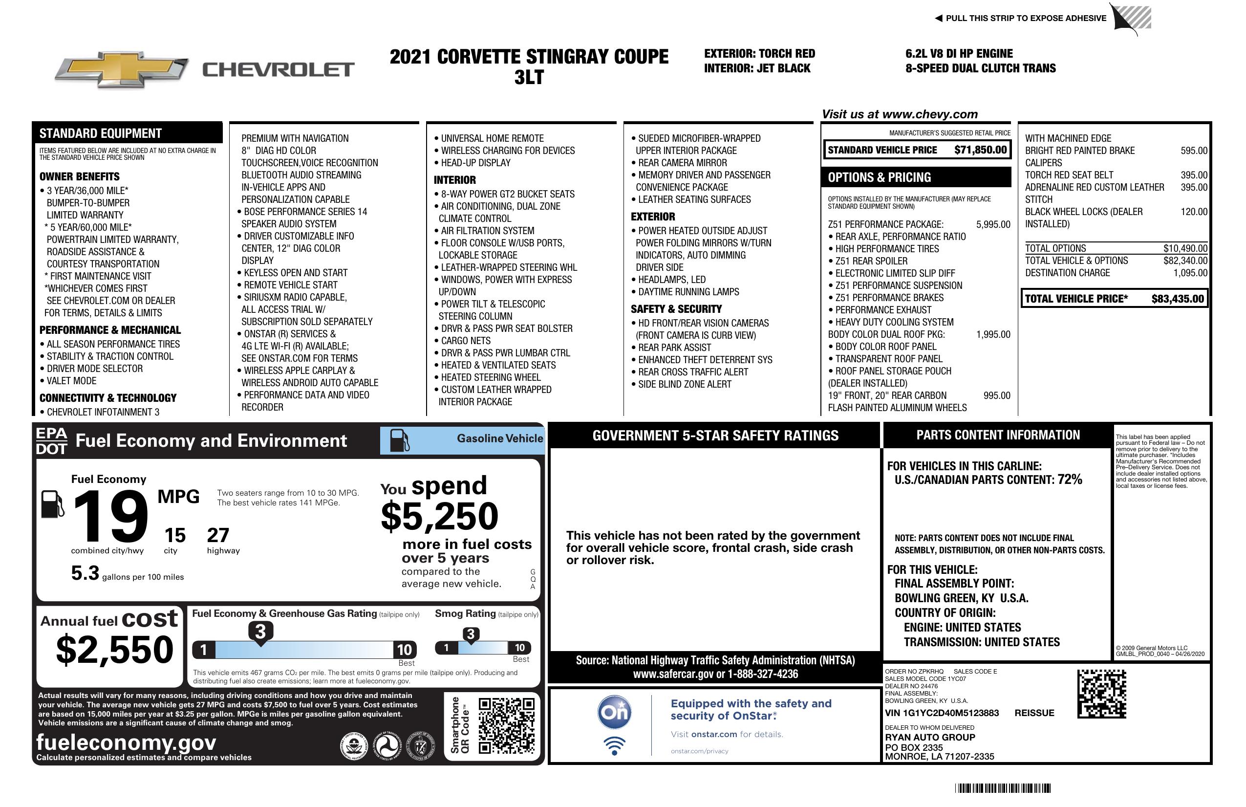 Window Sticker for 2021 Chevrolet Corvette 2dr Stingray Cpe W/3 Lt