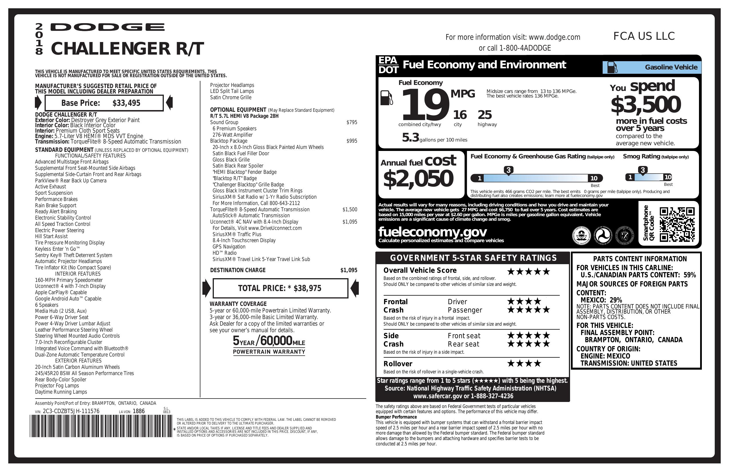 Window Sticker for 2018 Dodge Challenger R/T Rwd