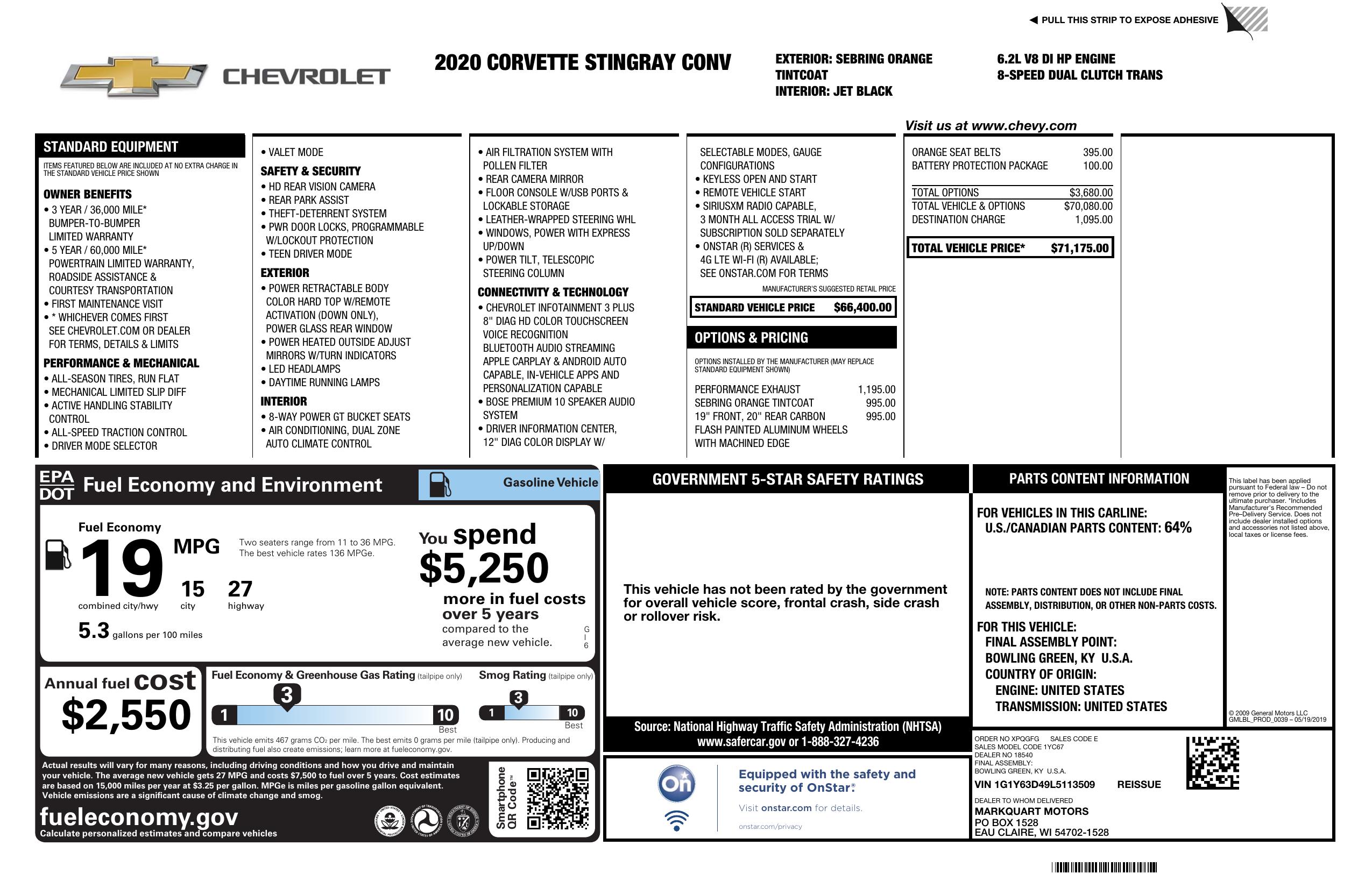 Window Sticker for 2020 Chevrolet Corvette 2dr Stingray Conv W/1 Lt