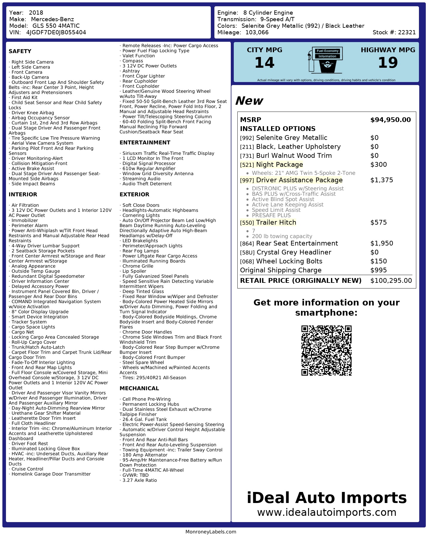 Window Sticker for 2018 Mercedes Benz Gls 550 4 Matic