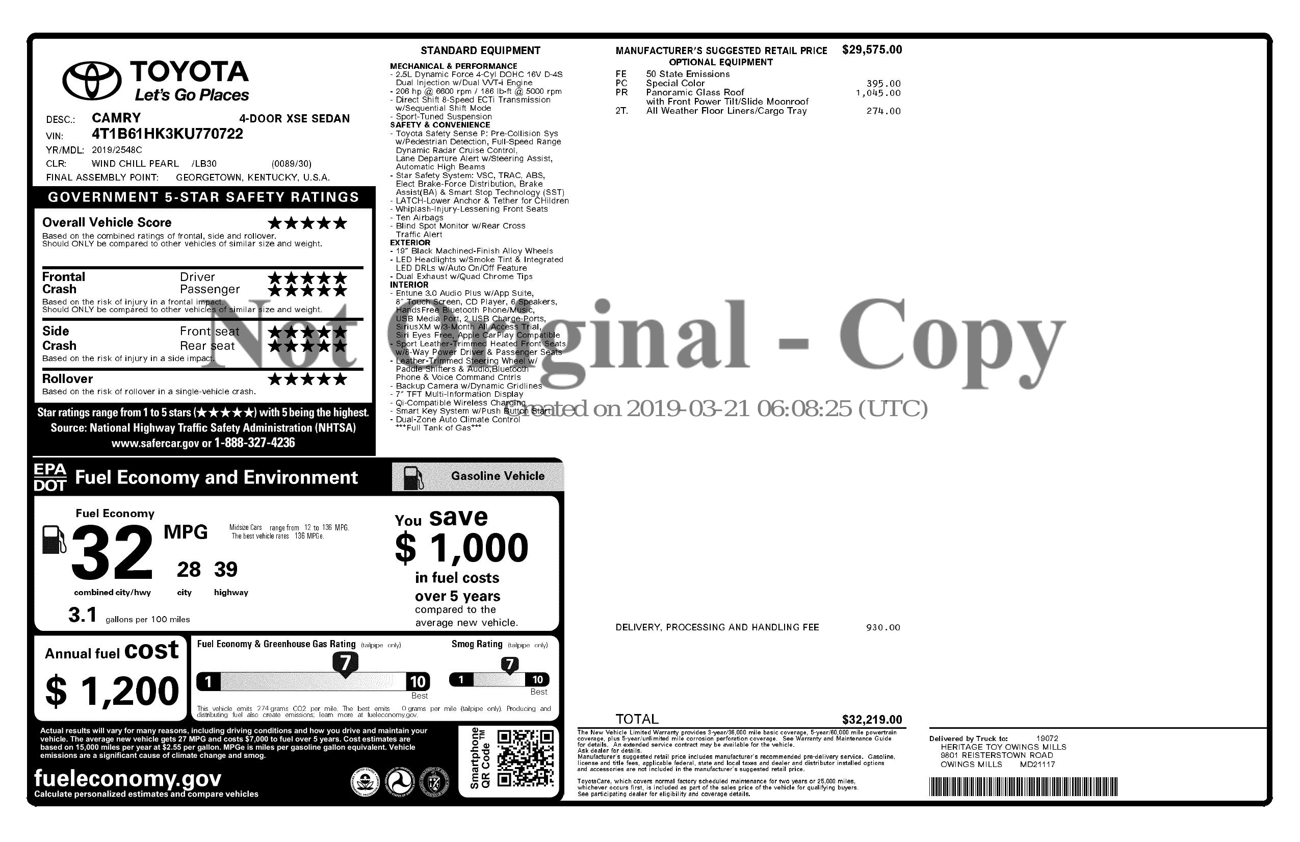 Window Sticker for 2019 Toyota Camry Xse Auto (Natl)
