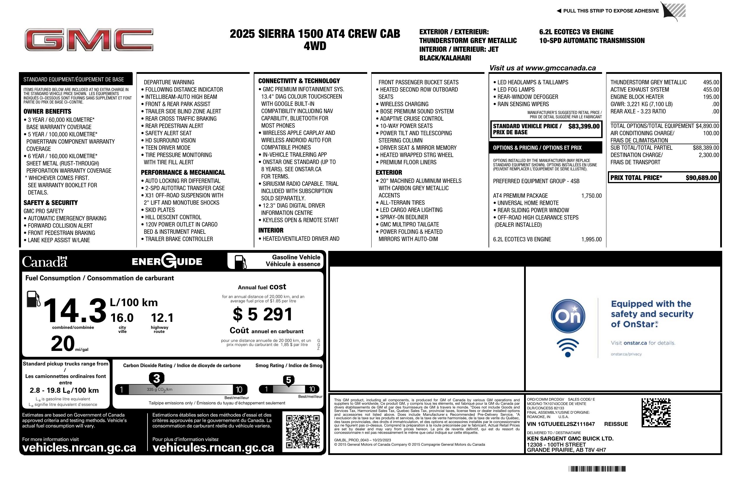 Window Sticker for 2025 GMC Sierra 1500 4 Wd Crew Cab 157" At4
