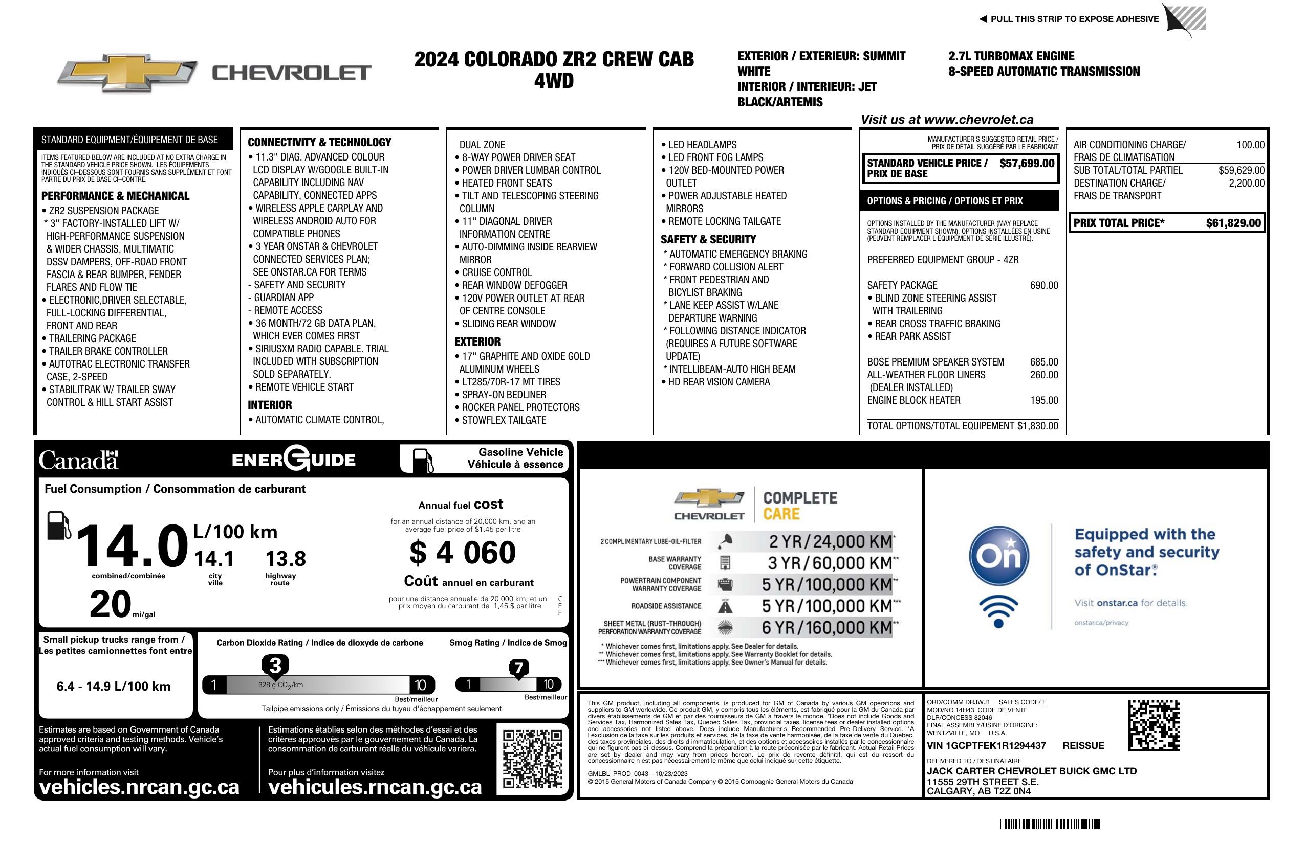 Window Sticker for 2024 Chevrolet Colorado 4 Wd Crew Cab Zr2