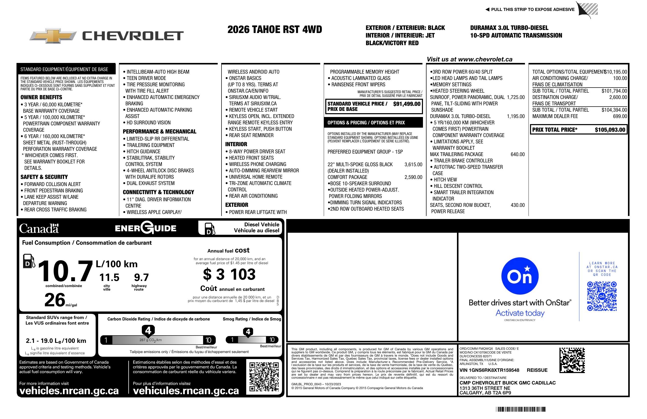 Window Sticker for 2026 Chevrolet Tahoe 4 Wd 4dr Rst