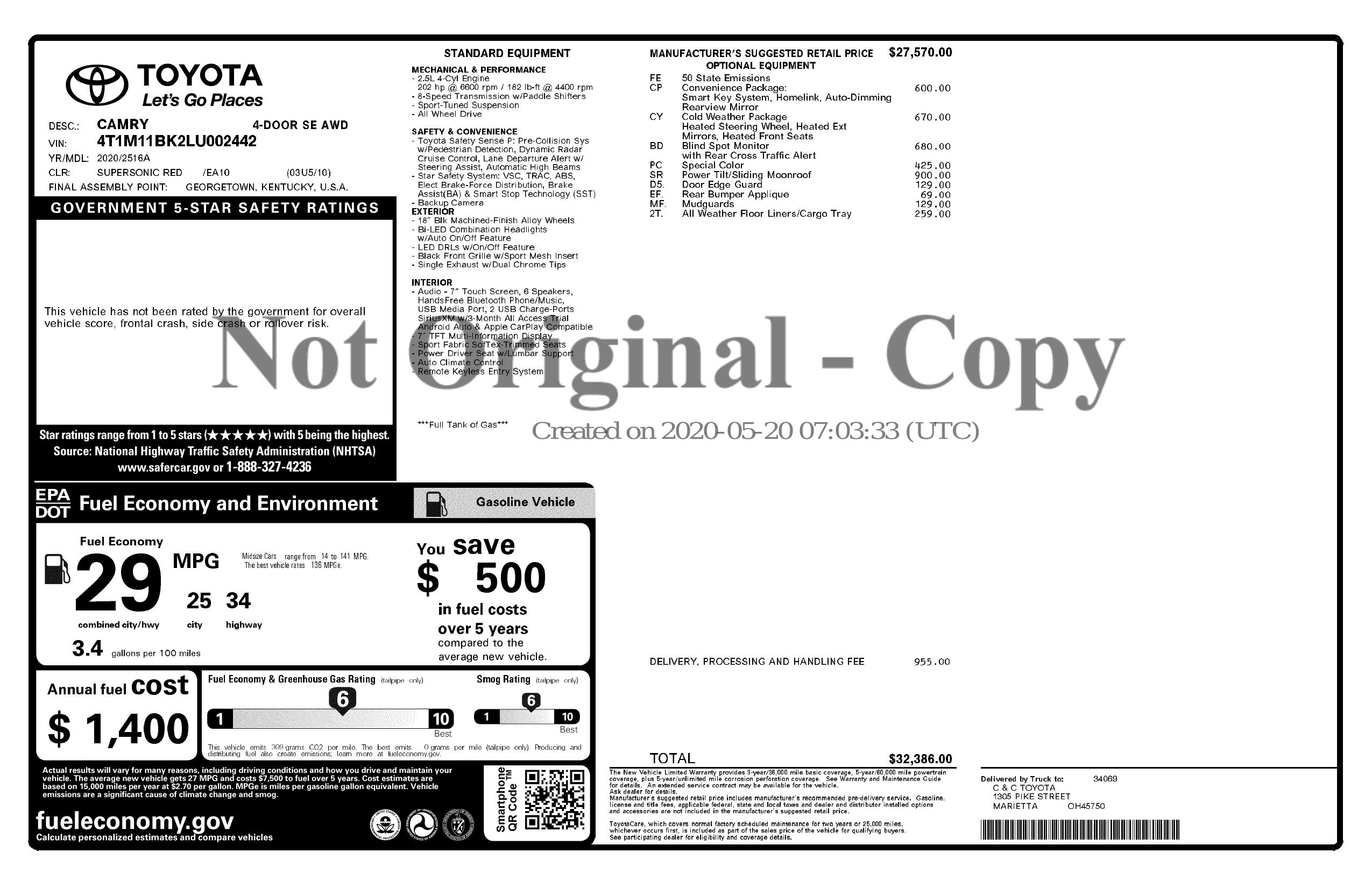 Window Sticker for 2020 Toyota Camry Se Auto Awd (Natl)