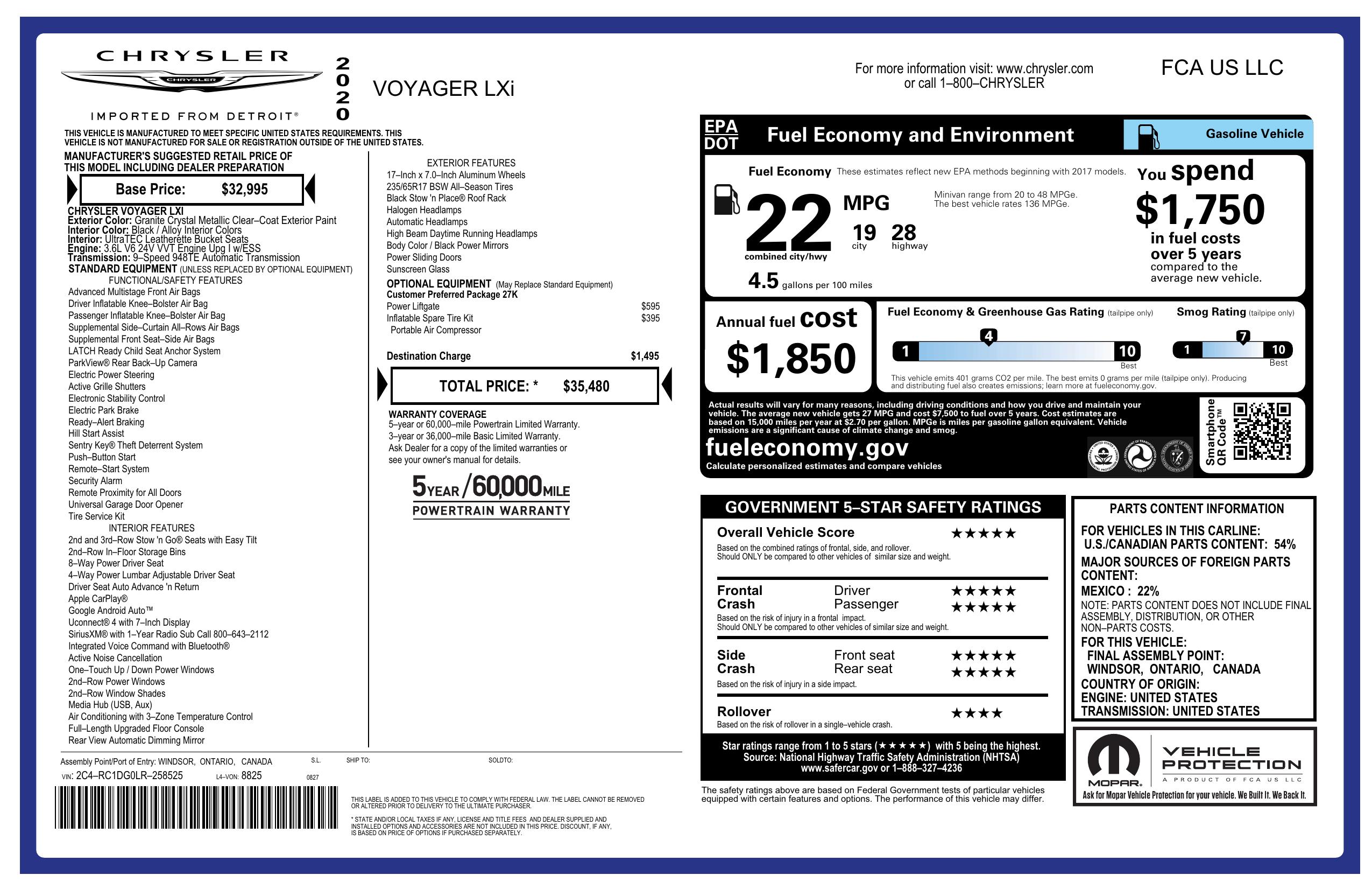 Window Sticker for 2020 Chrysler Voyager Lxi Fwd