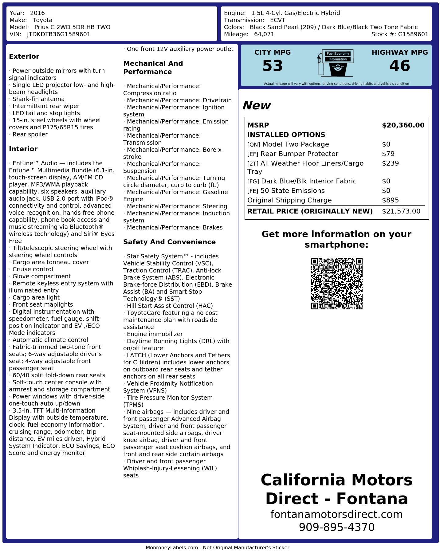Window Sticker for 2016 Toyota Prius C 2 Wd 5 Dr Hb Two