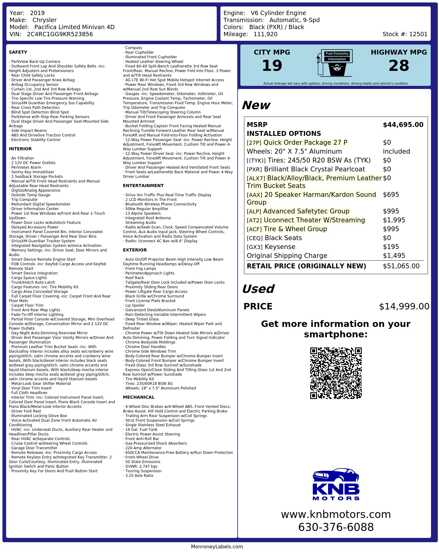 Window Sticker for 2019 Chrysler Pacifica Limited Minivan 4 D