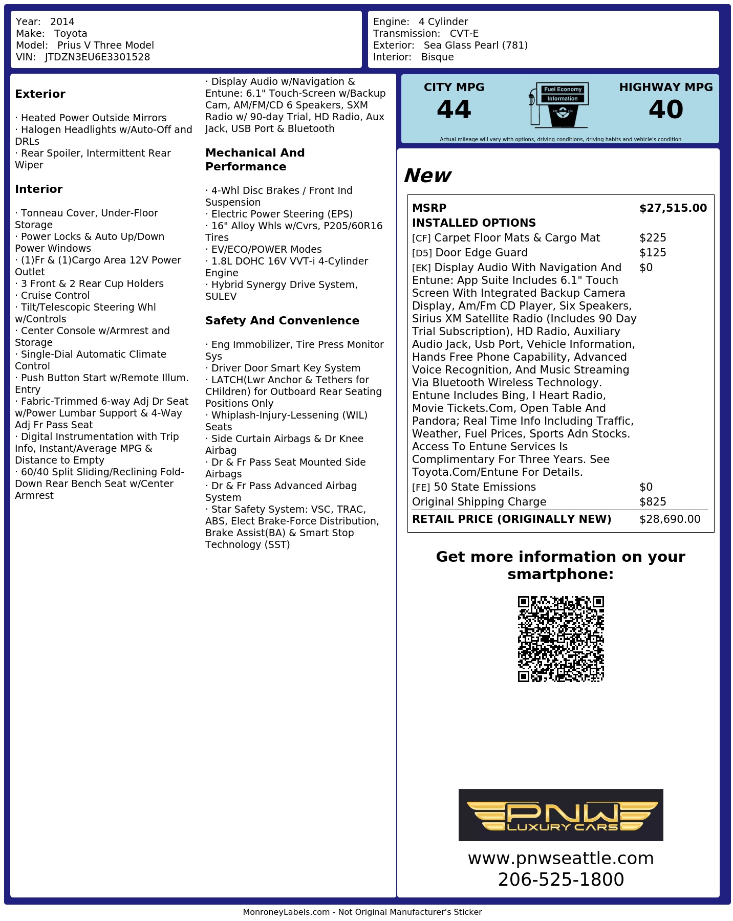 Window Sticker for 2014 Toyota Prius V Three Model
