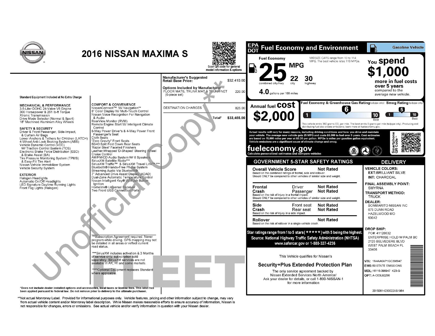 Window Sticker for 2016 Nissan Maxima