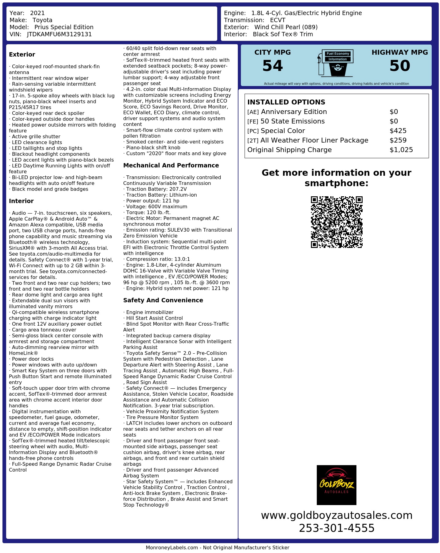 Window Sticker for 2021 Toyota Prius Special Edition