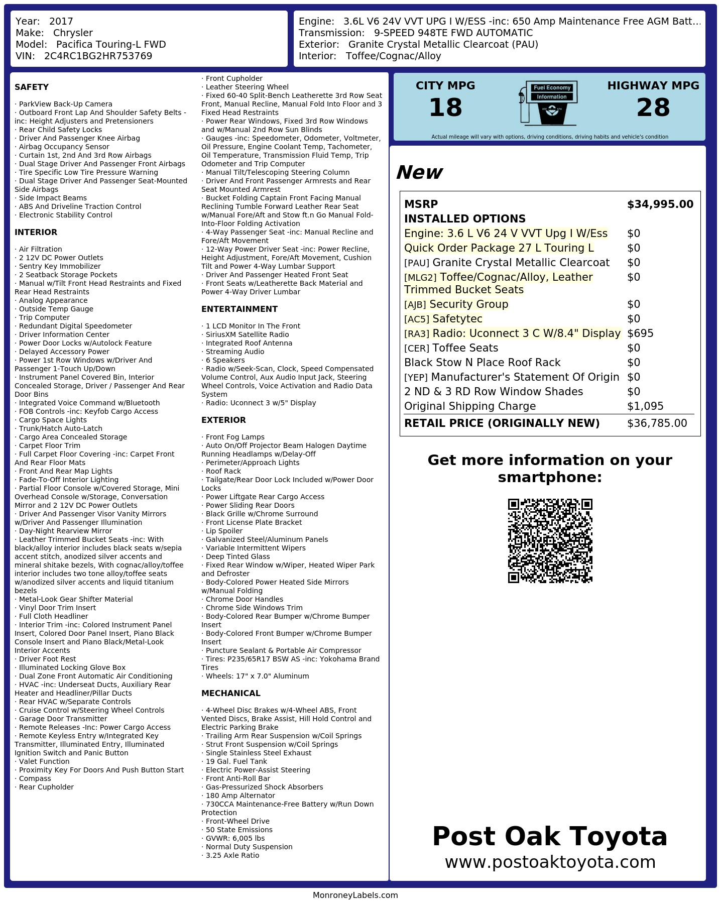 Window Sticker for 2017 Chrysler Pacifica Touring L Fwd
