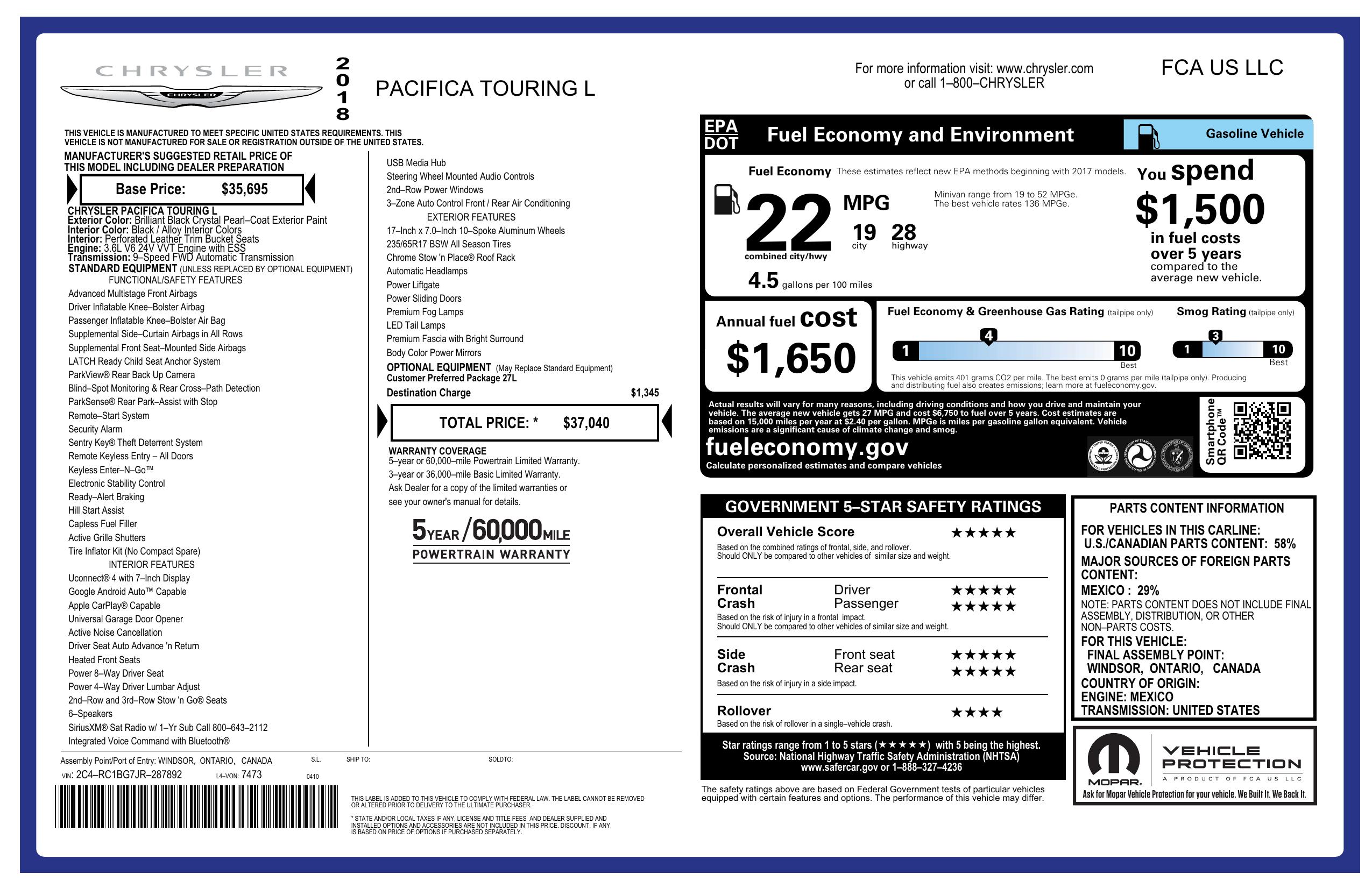 Window Sticker for 2018 Chrysler Pacifica Touring L Fwd