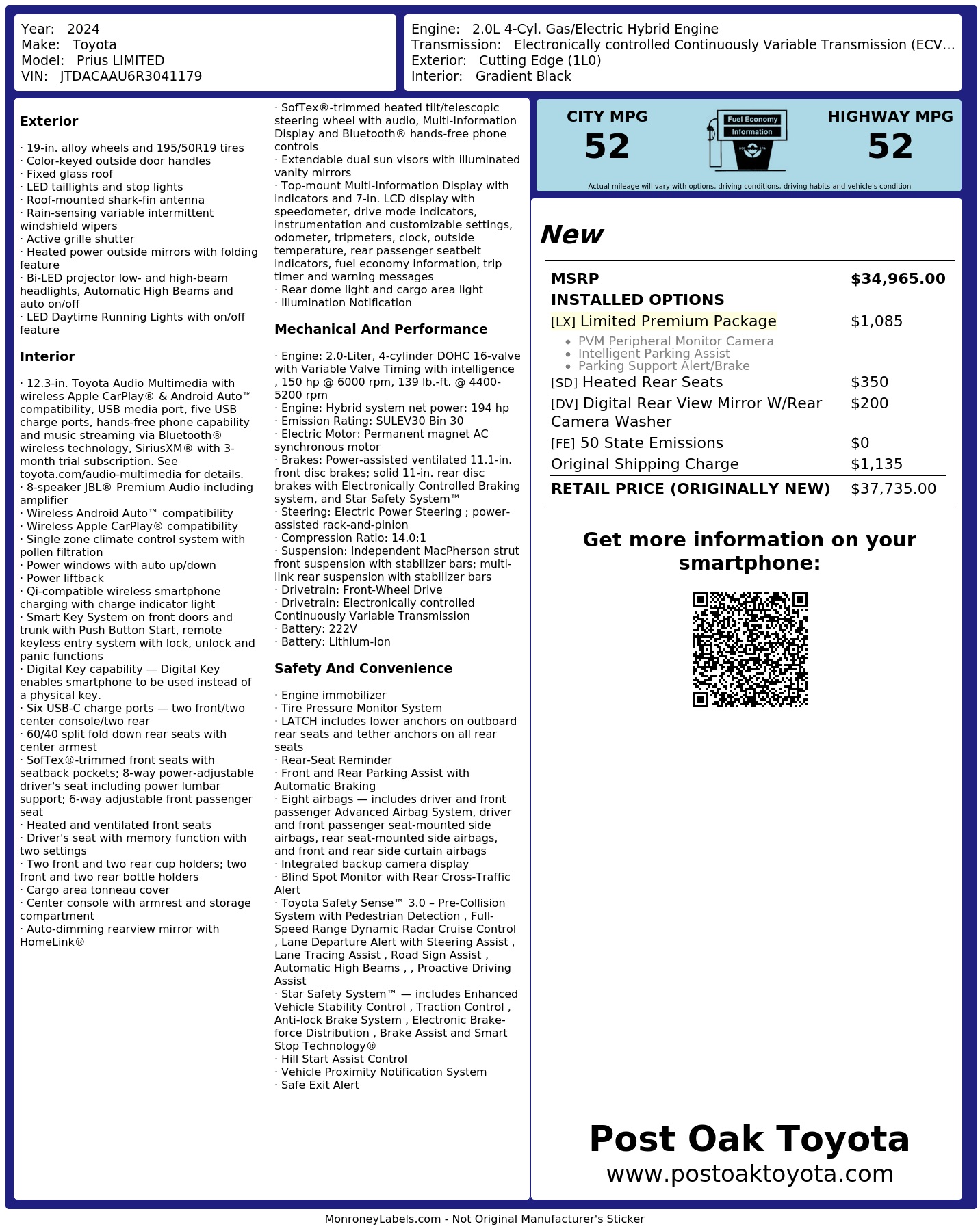 Window Sticker for 2024 Toyota Prius Limited