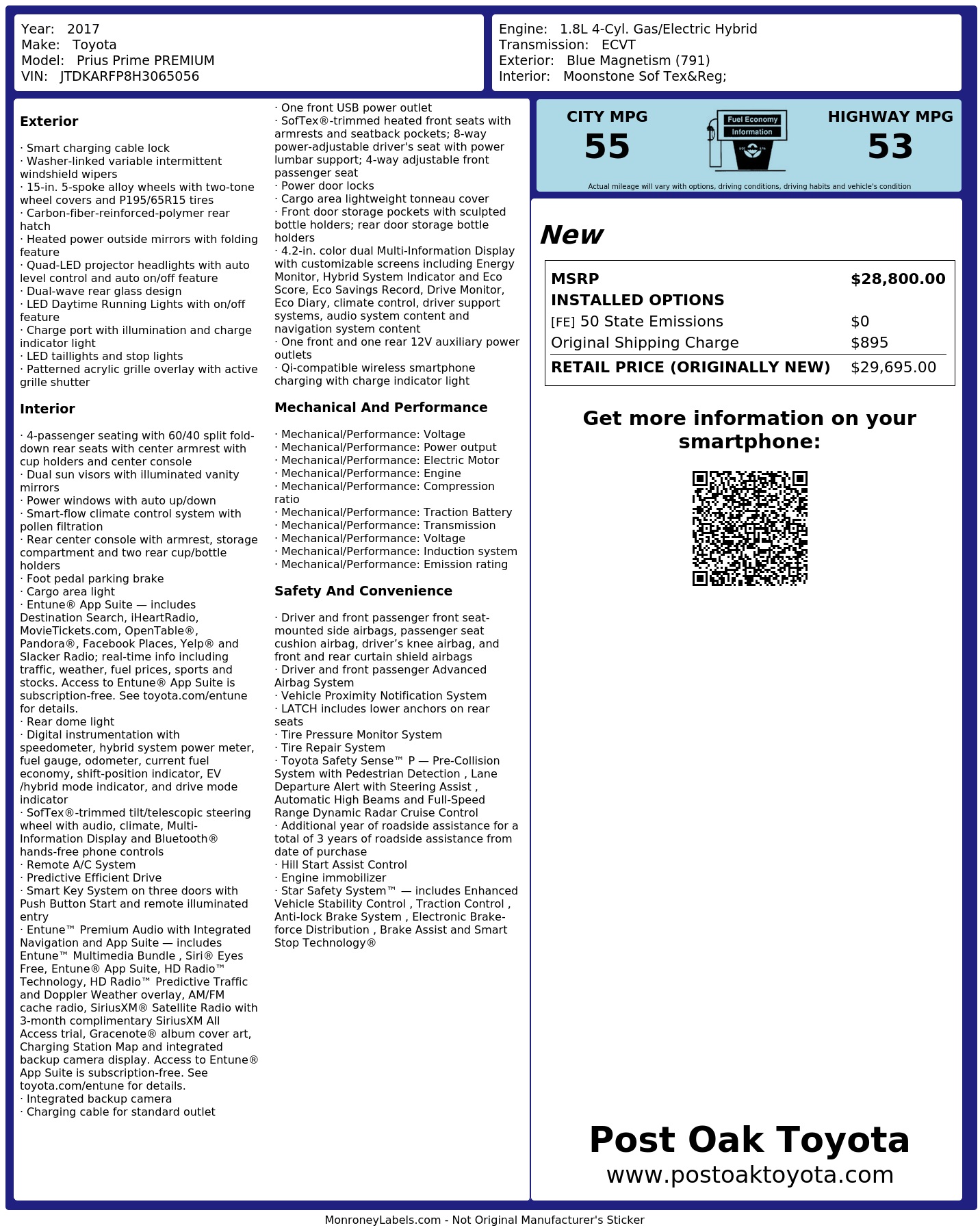 Window Sticker for 2017 Toyota Prius Prime Premium