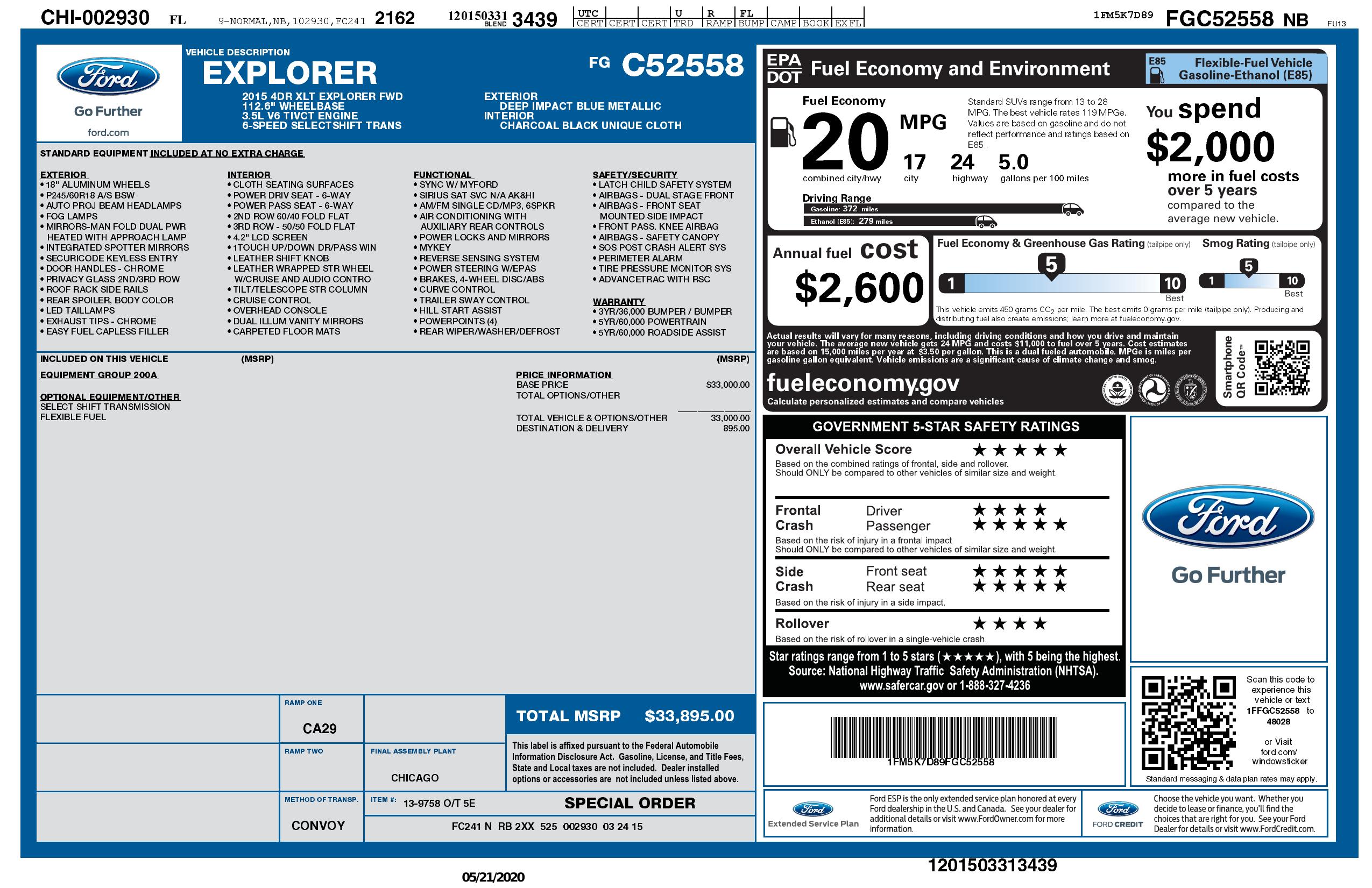 Window Sticker for 2015 Ford Explorer Fwd 4dr Xlt