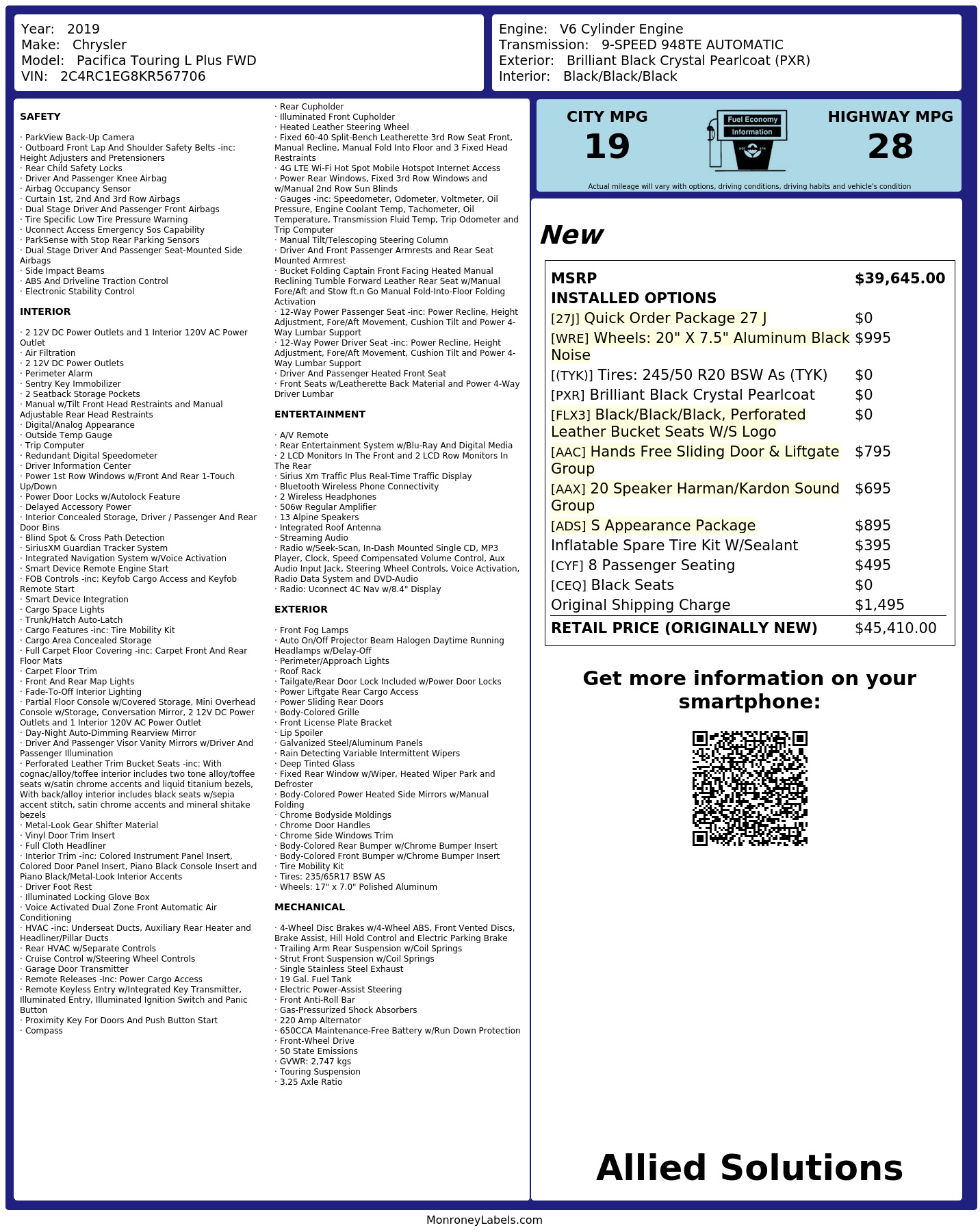 Window Sticker for 2019 Chrysler Pacifica Touring L Plus Fwd