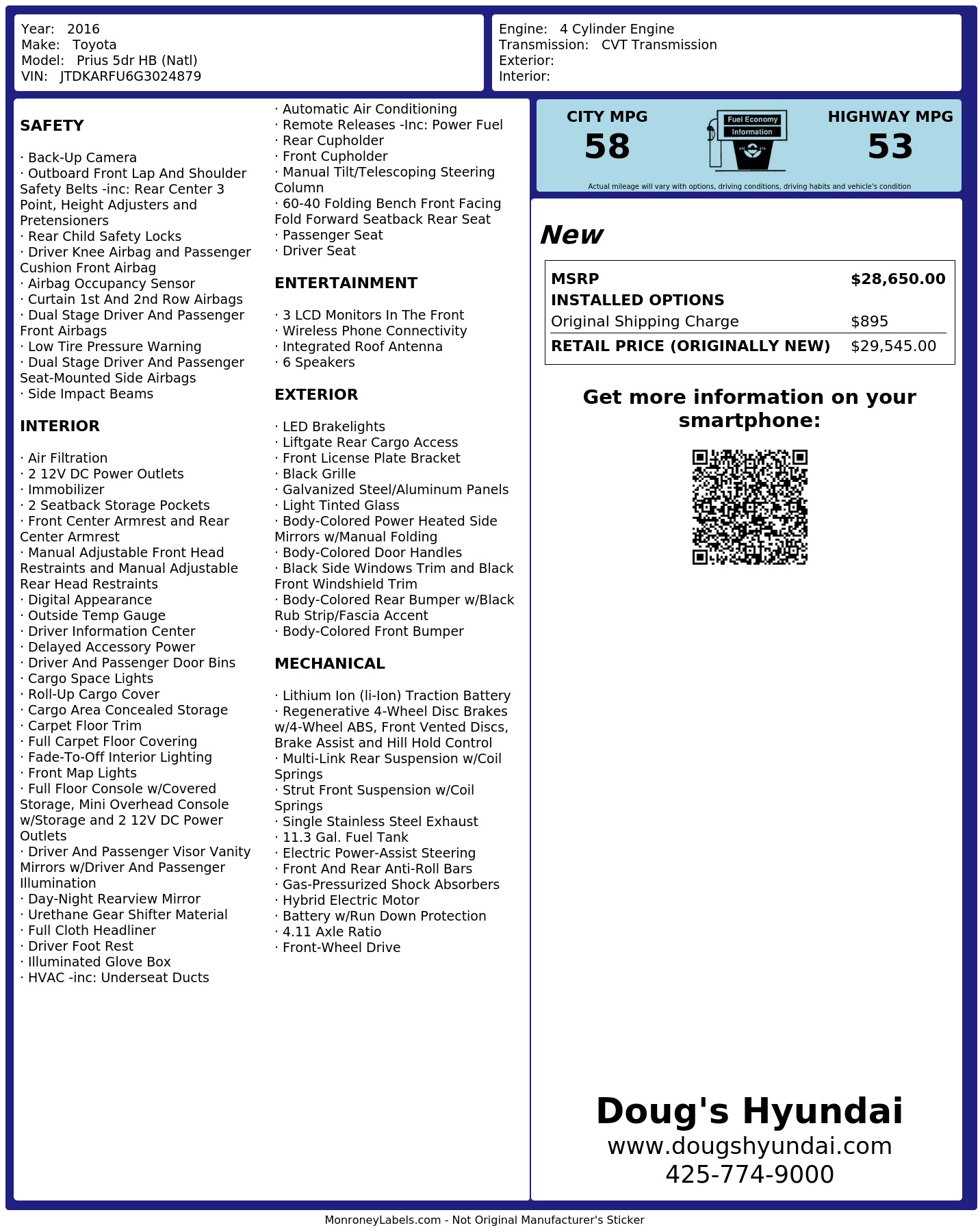 Window Sticker for 2016 Toyota Prius 5dr Hb (Natl)