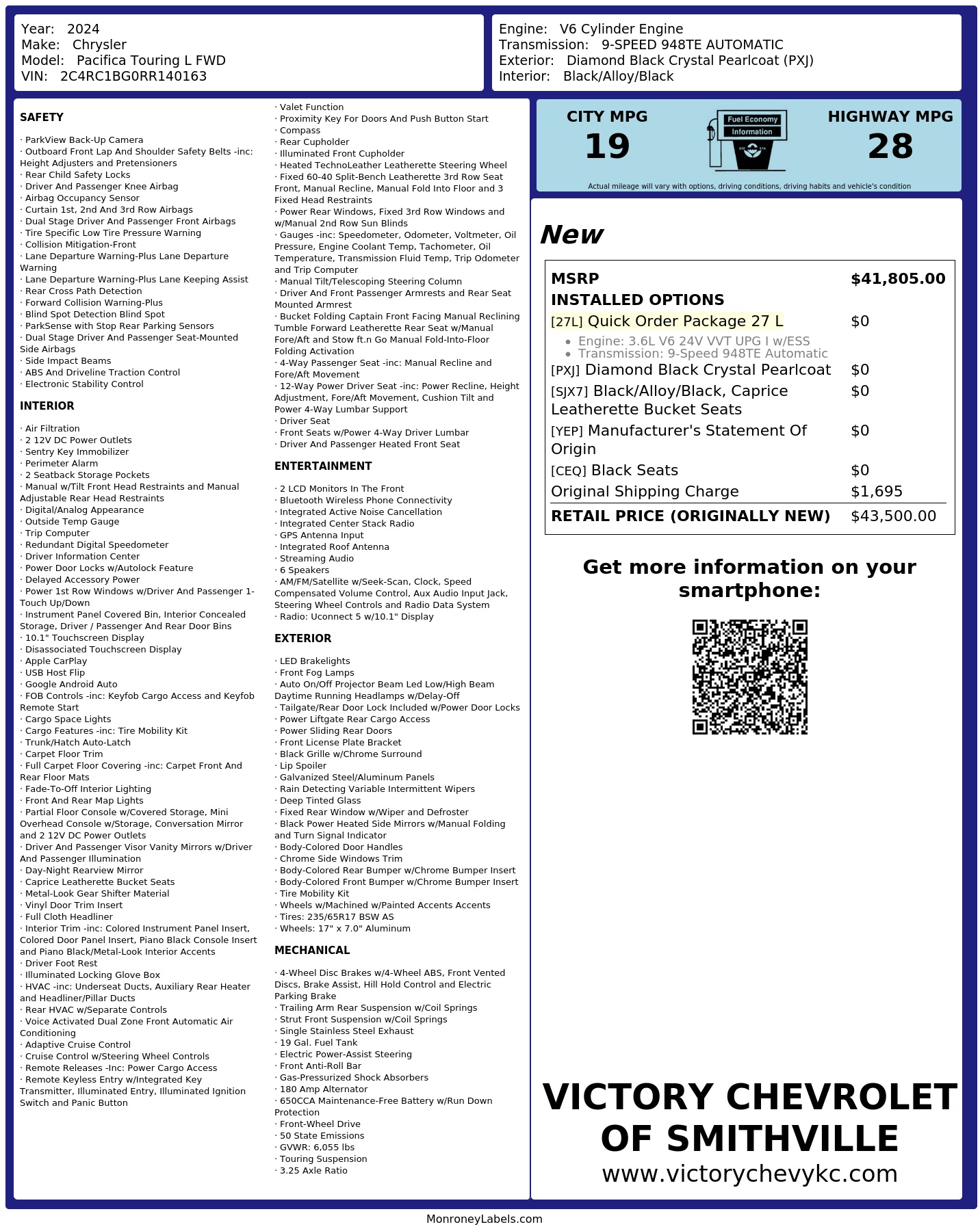 Window Sticker for 2024 Chrysler Pacifica Touring L Fwd