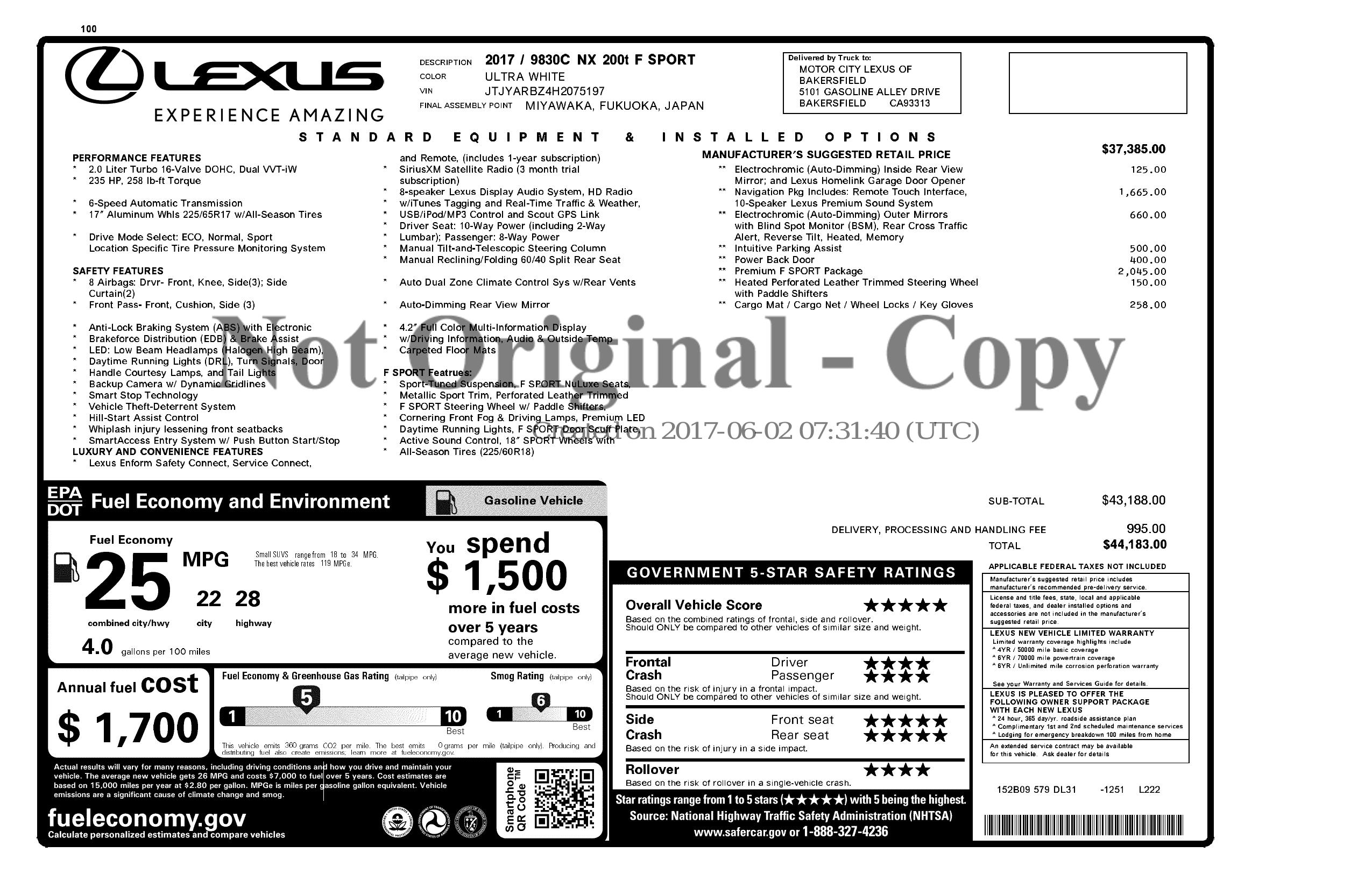 Window Sticker for 2017 Lexus Nx Turbo Fwd