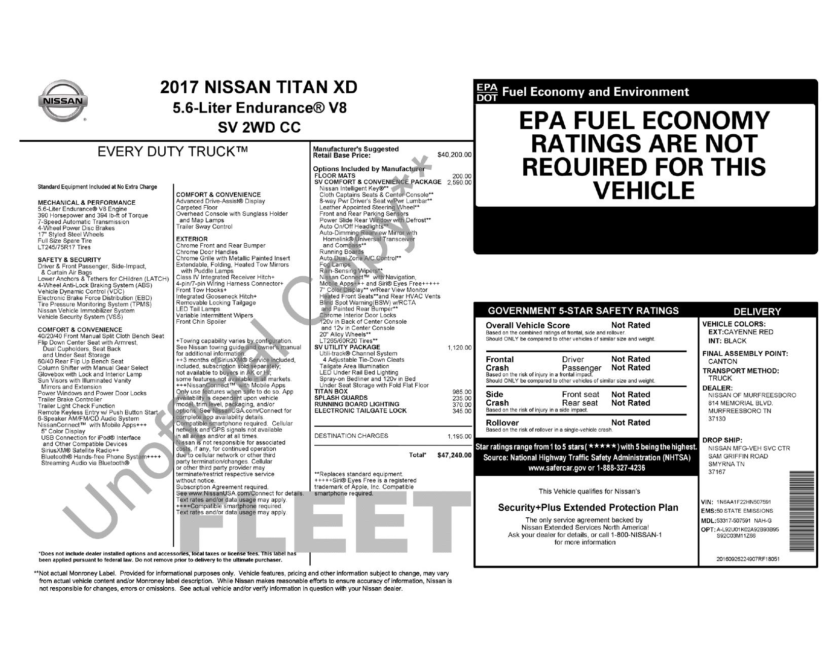Window Sticker for 2017 Nissan Titan Xd