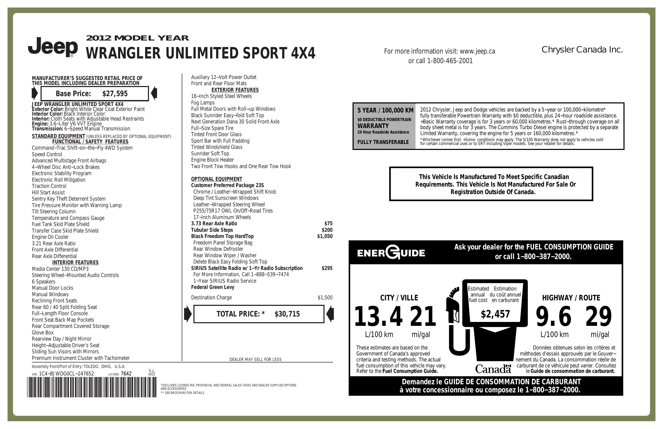 Window Sticker for 2012 Jeep Wrangler Unlimited