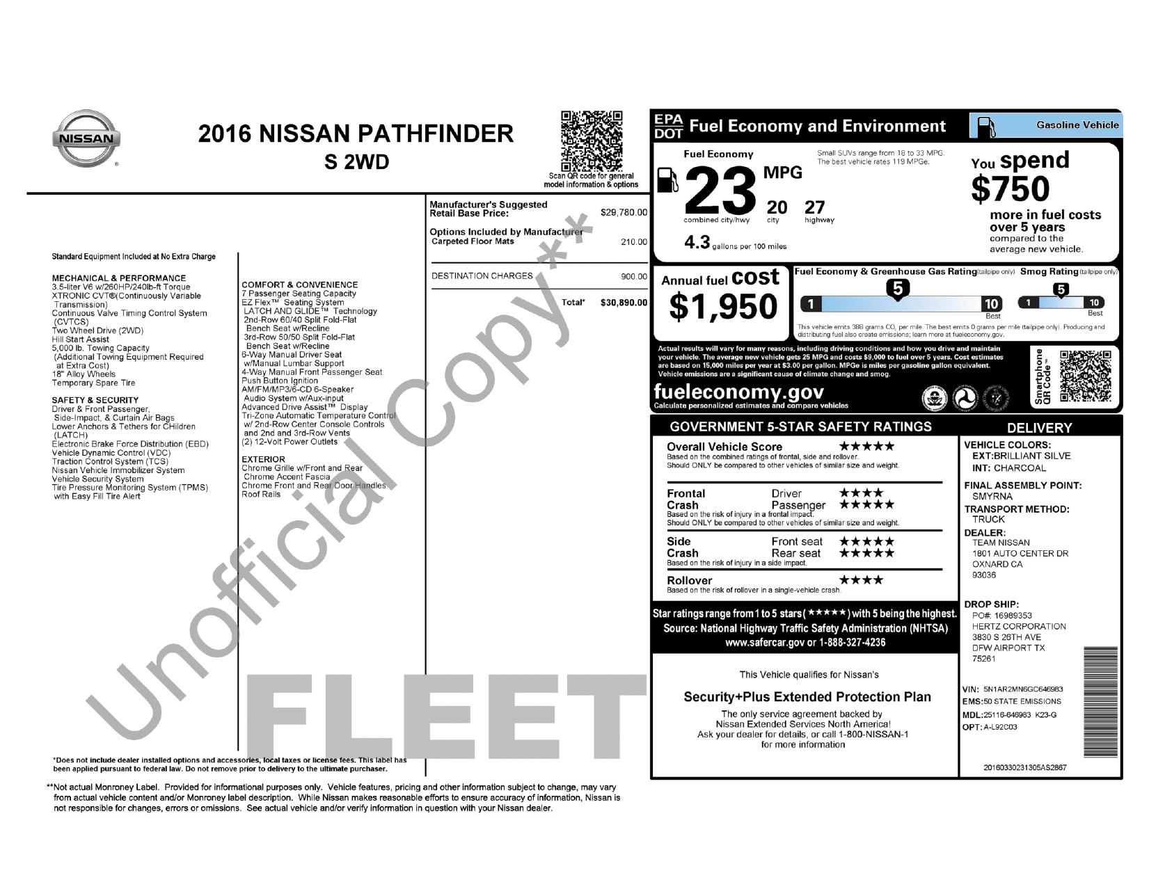 Window Sticker for 2016 Nissan Pathfinder
