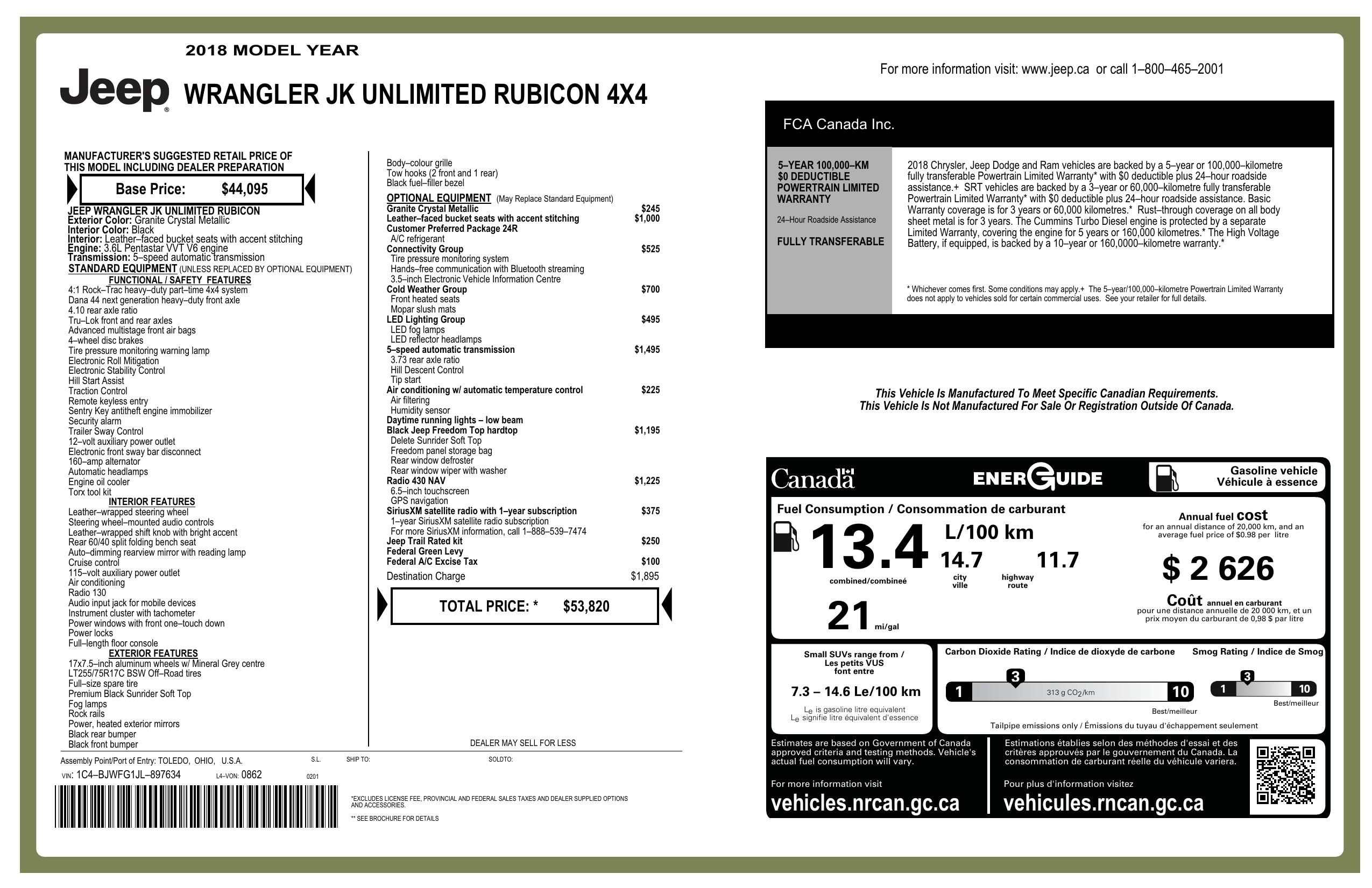 Window Sticker for 2018 Jeep Wrangler Jk Rubicon 4x4