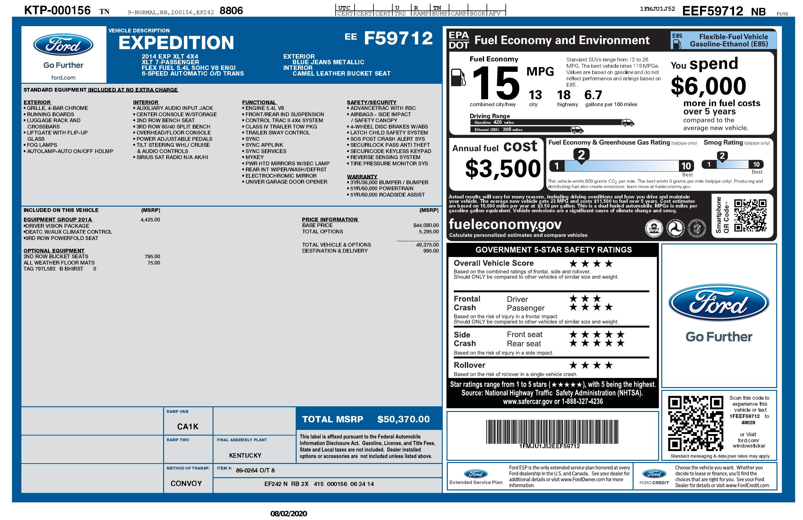 Window Sticker for 2014 Ford Expedition 4 Wd 4dr