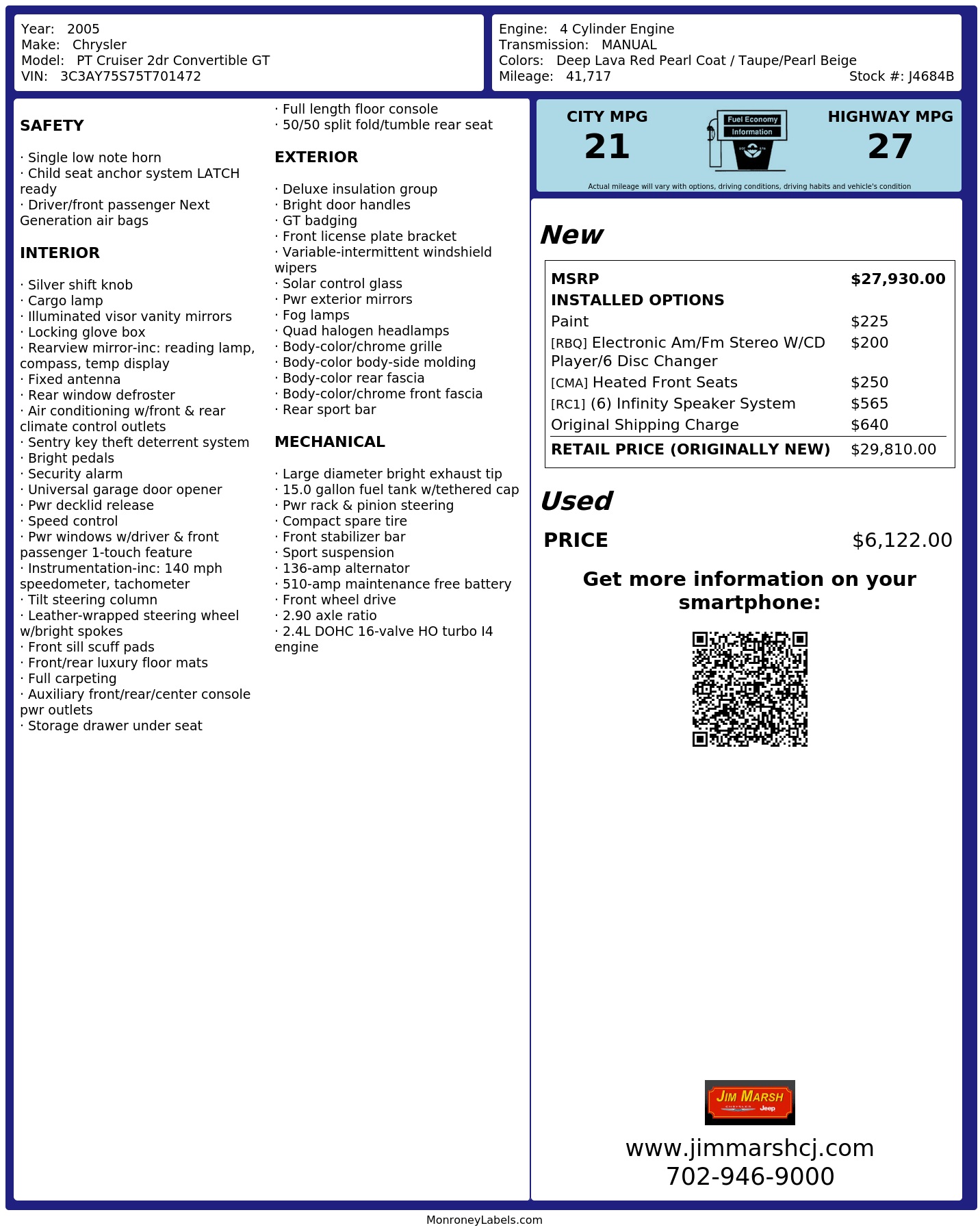 Window Sticker for 2005 Chrysler Pt Cruiser 2dr Convertible Gt
