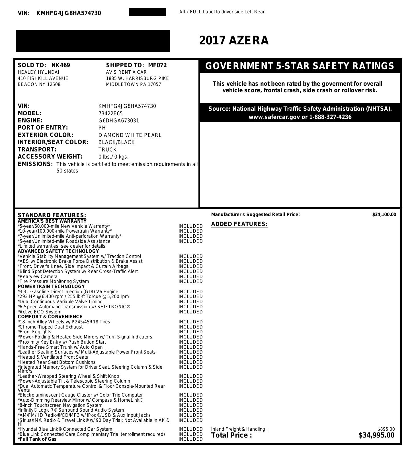 Window Sticker for 2017 Hyundai Azera 3.3 L