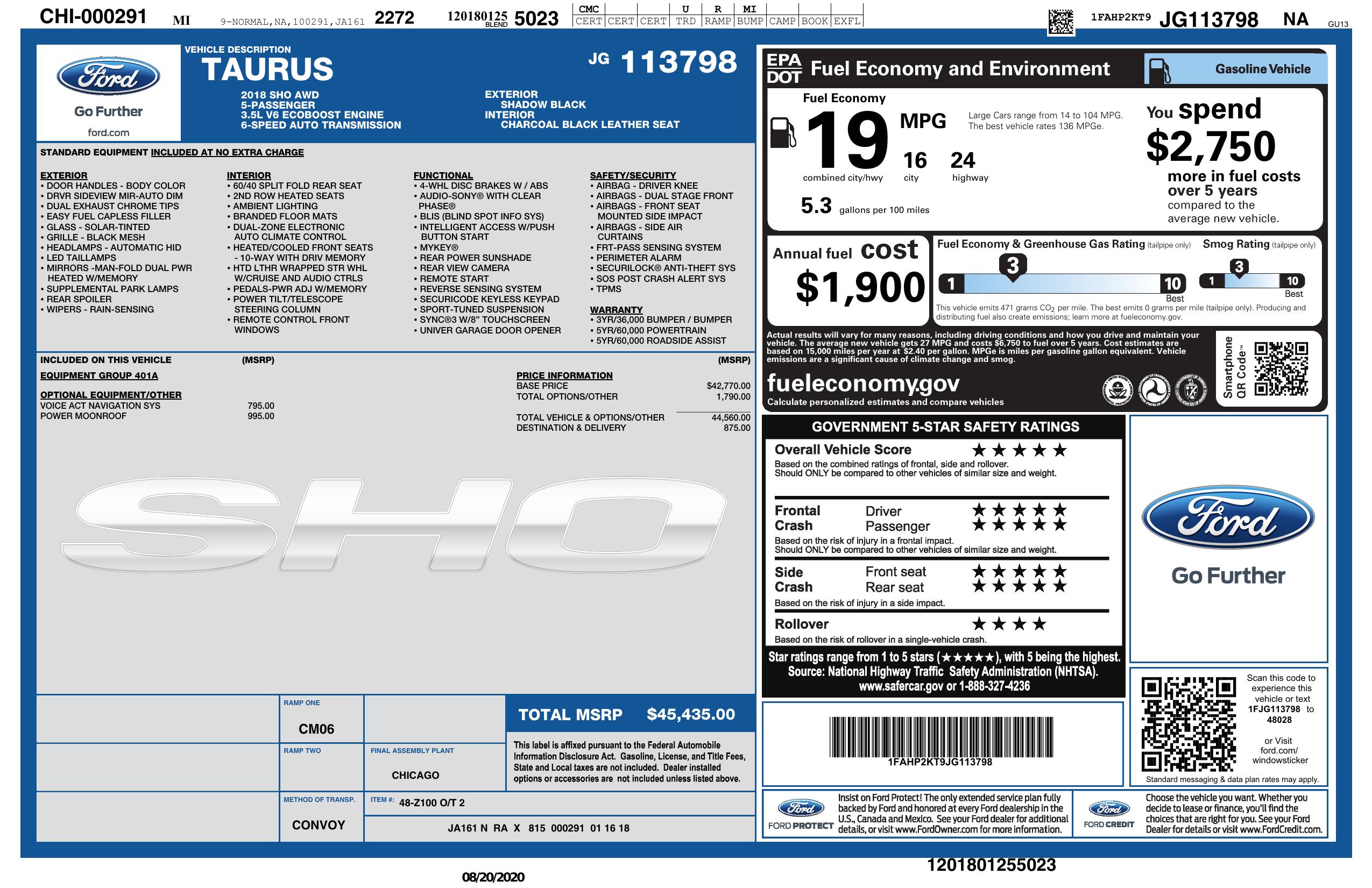 Window Sticker for 2018 Ford Taurus Sho Awd