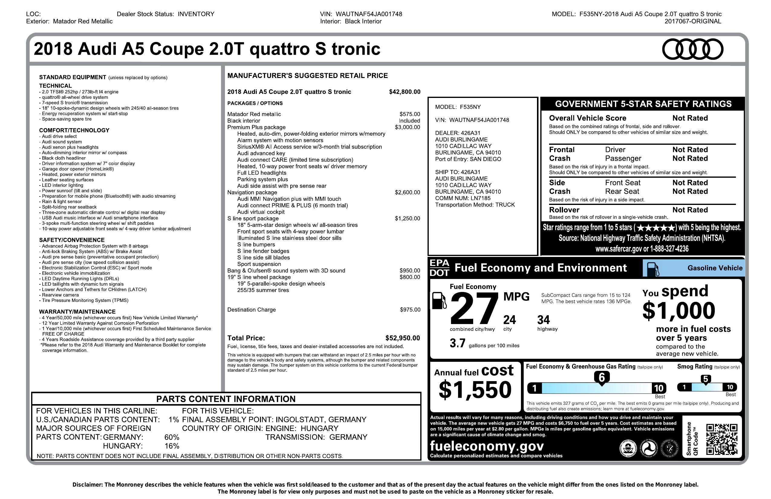 Window Sticker for 2018 Audi A5 Coupe 2.0 Tfsi Premium Plus S Tronic