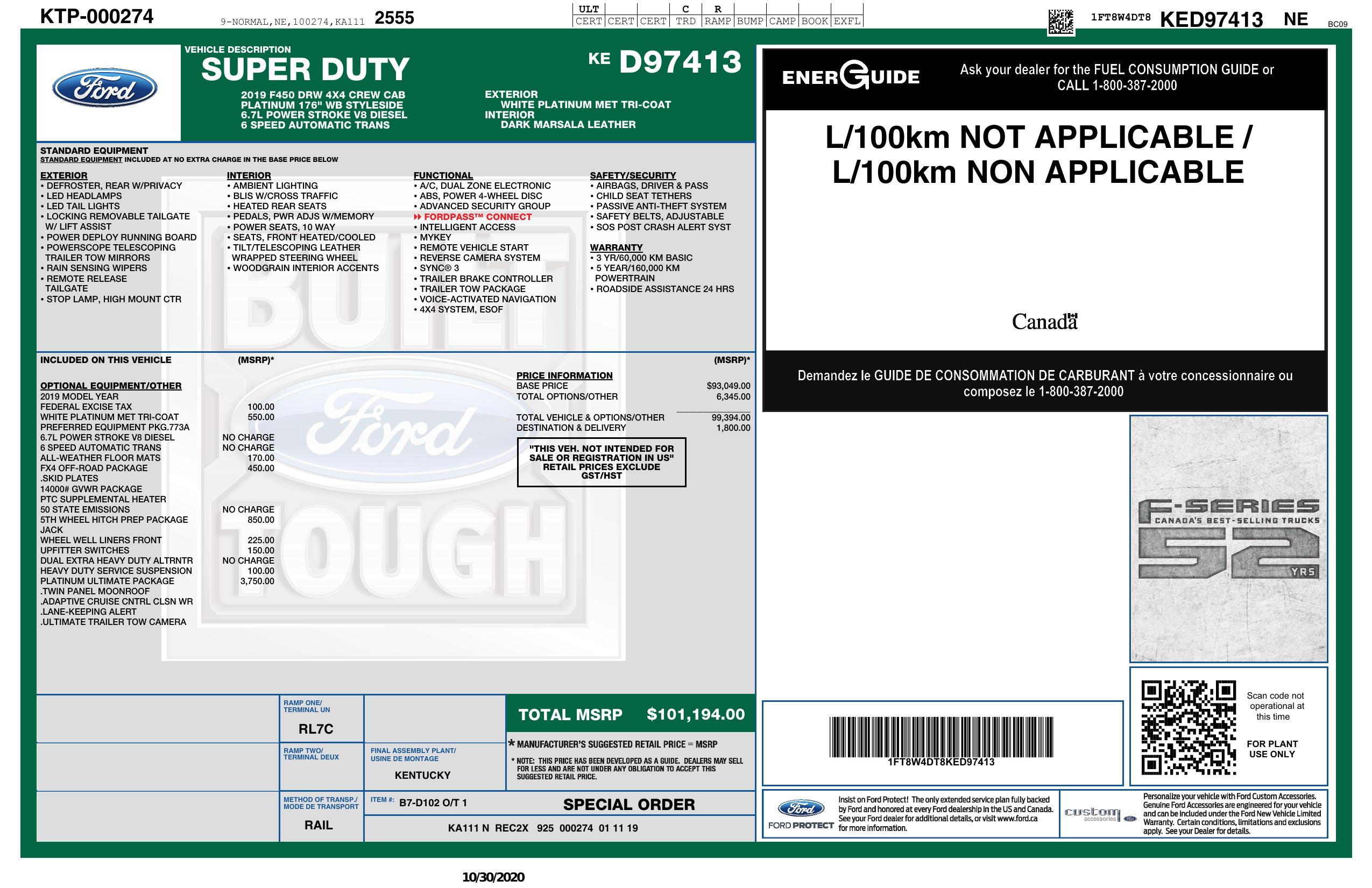Window Sticker for 2019 Ford F450 Super Duty Crew Cab 4 Wd Crew Cab 8' Box