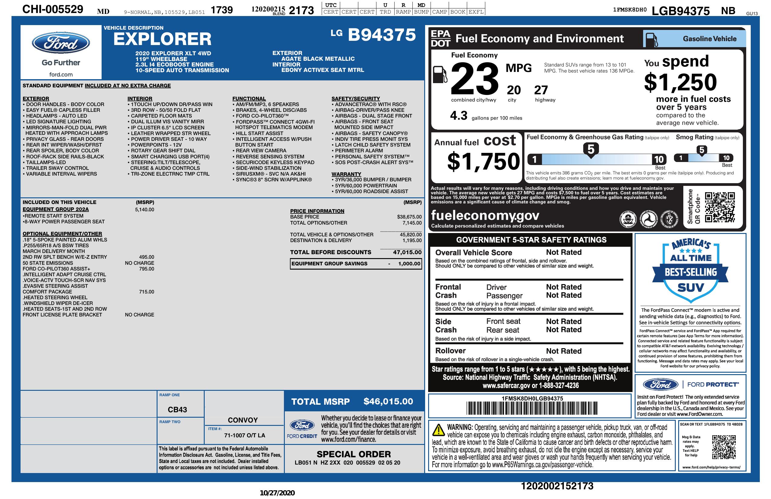 Window Sticker for 2020 Ford Explorer Xlt 4 Wd