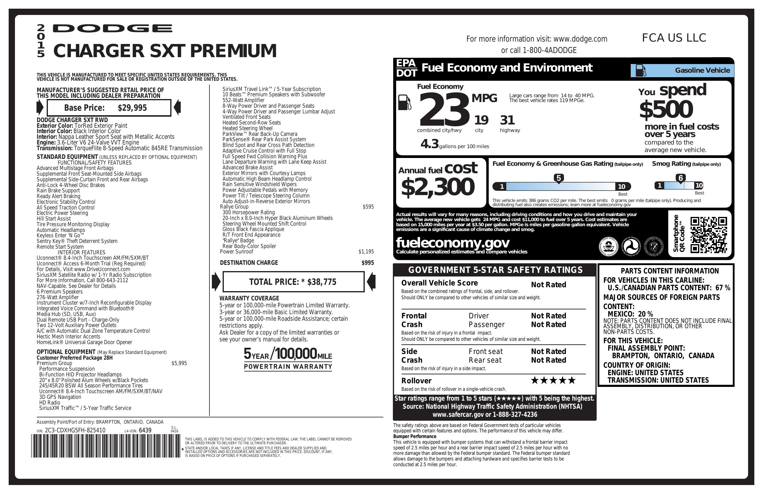 Window Sticker for 2015 Dodge Charger 4dr Sdn Sxt Rwd