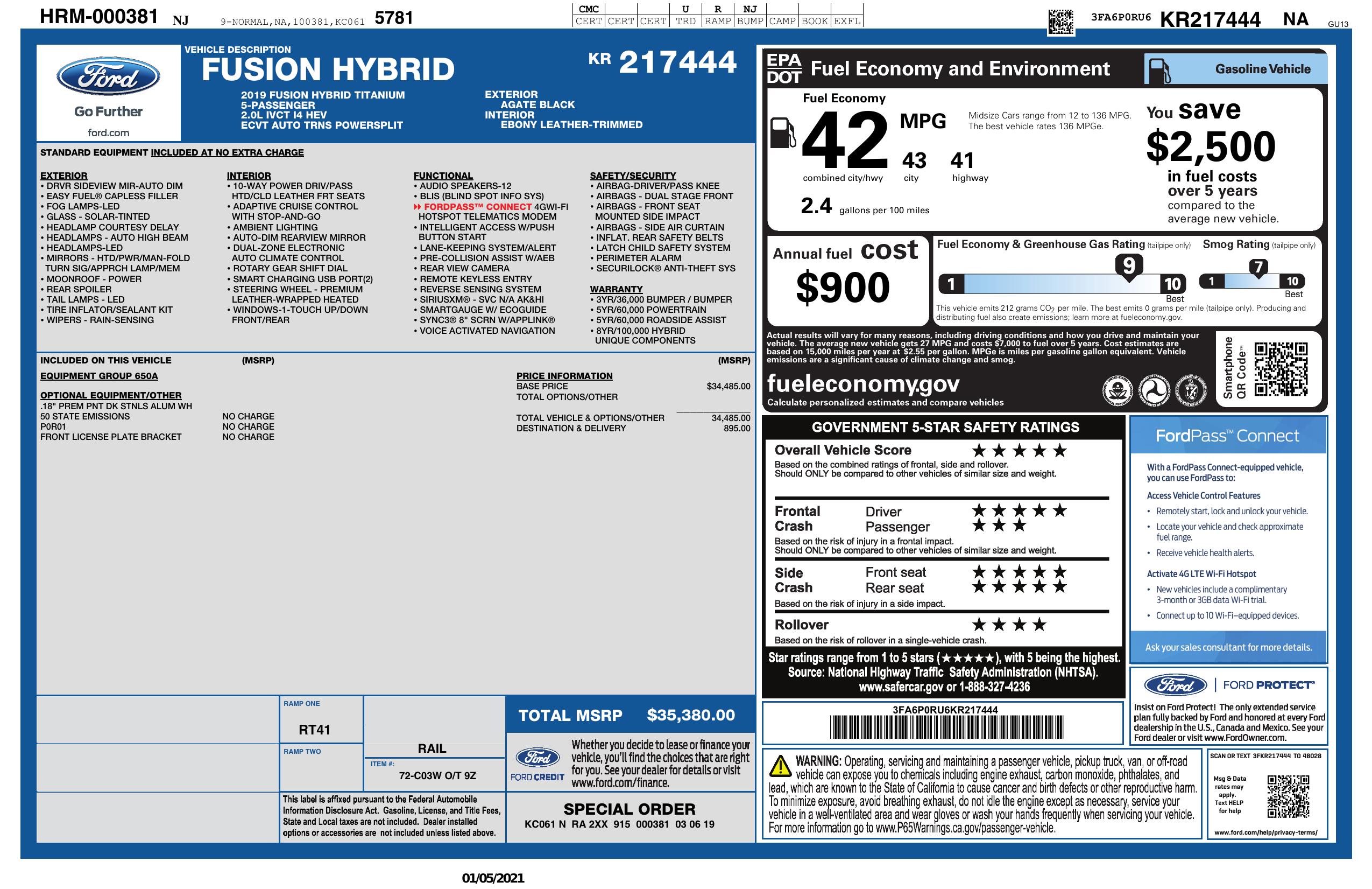 Window Sticker for 2019 Ford Fusion Hybrid Titanium Fwd