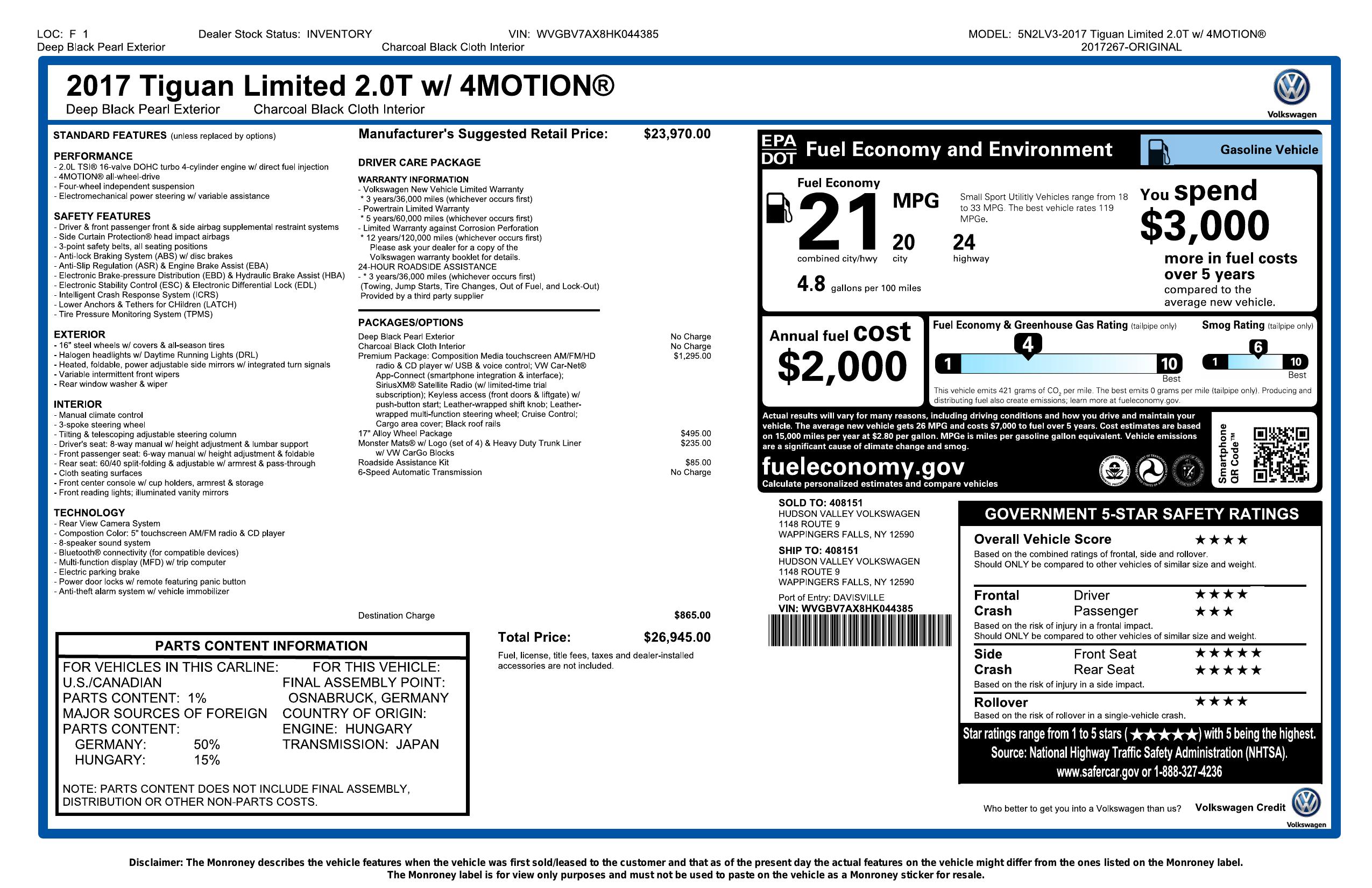 Window Sticker for 2017 Volkswagen Tiguan