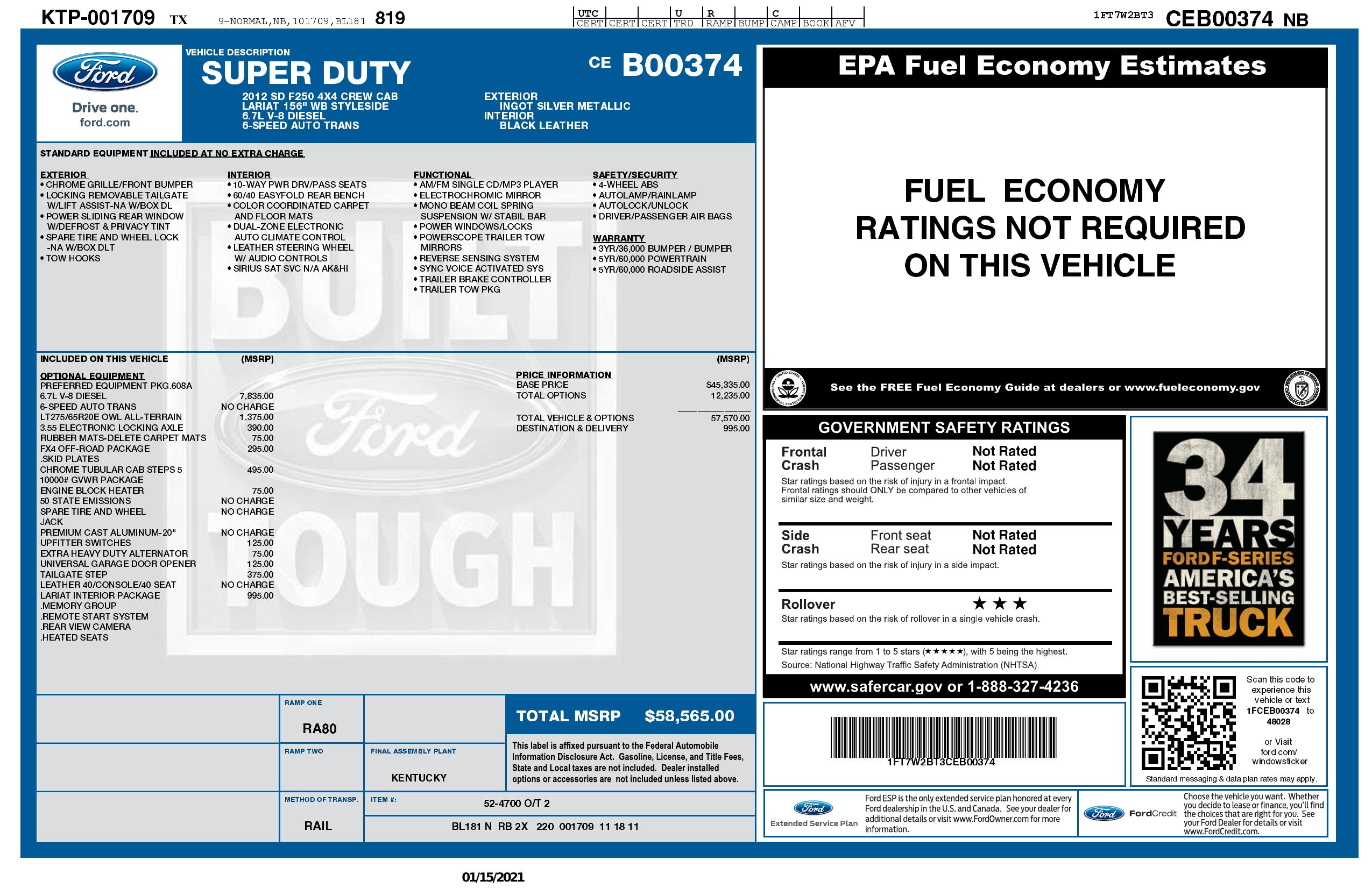 Window Sticker for 2012 Ford Super Duty F 250 Srw 4 Wd Crew Cab