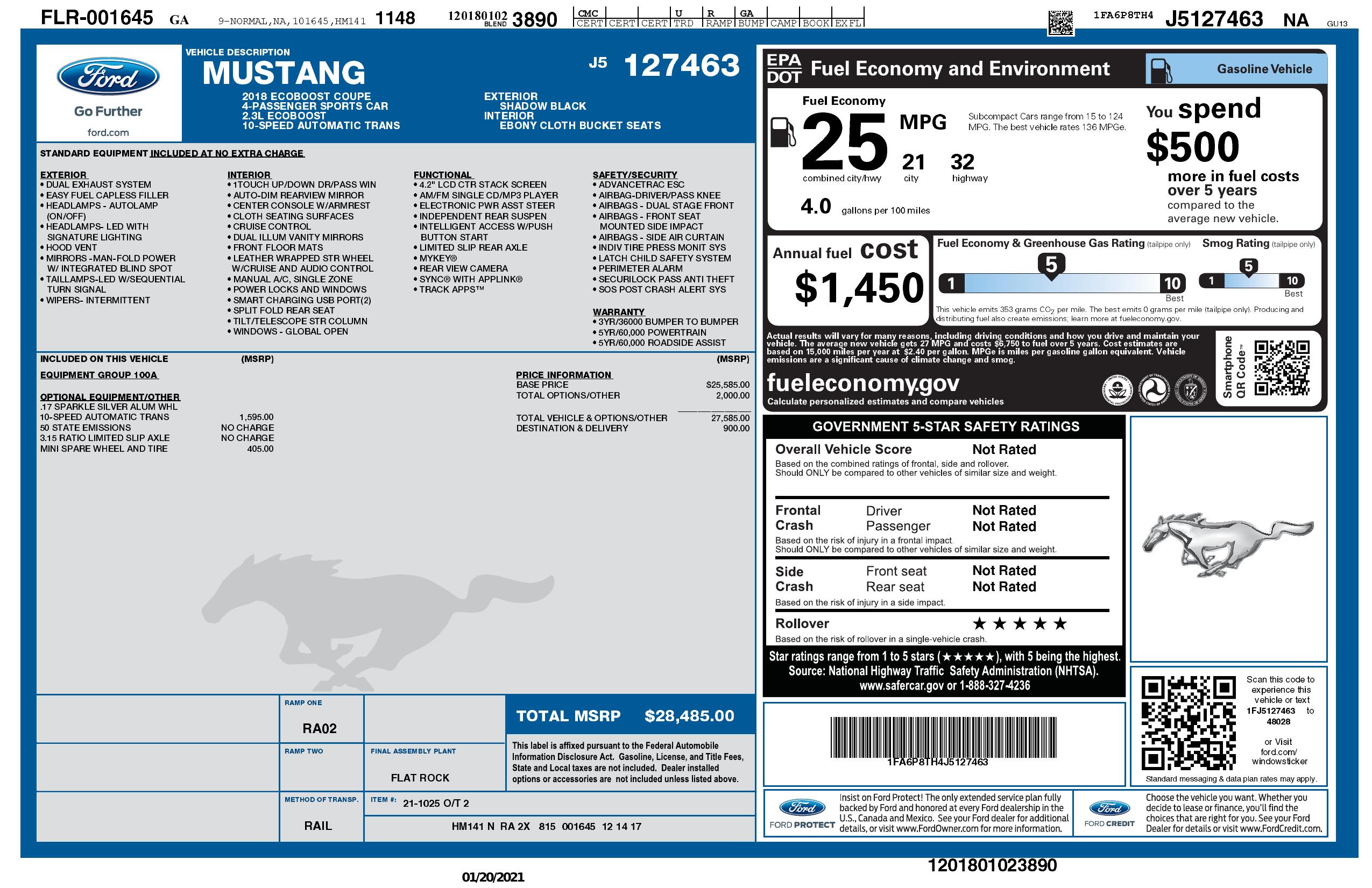 Window Sticker for 2018 Ford Mustang Eco Boost Fastback